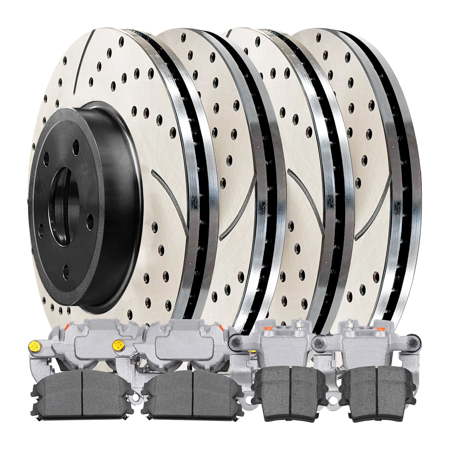 AutoShack Front & Rear Drilled & Slotted Brake Rotors Premium Ceramic Brake Pads Calipers ...