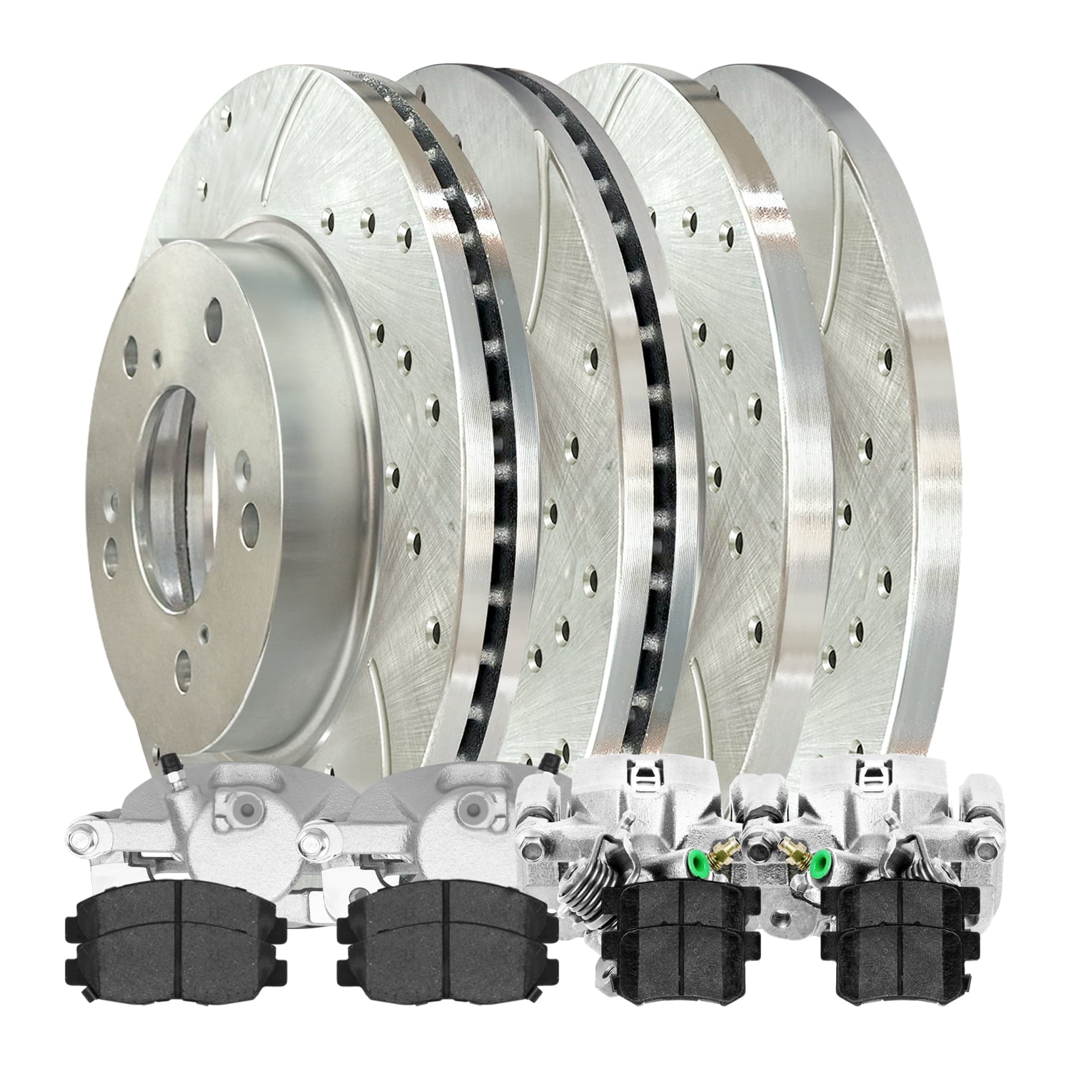 AutoShack Front and Rear Drilled and Slotted Brake Rotors Silver Calipers and Ceramic Pads Kit ...