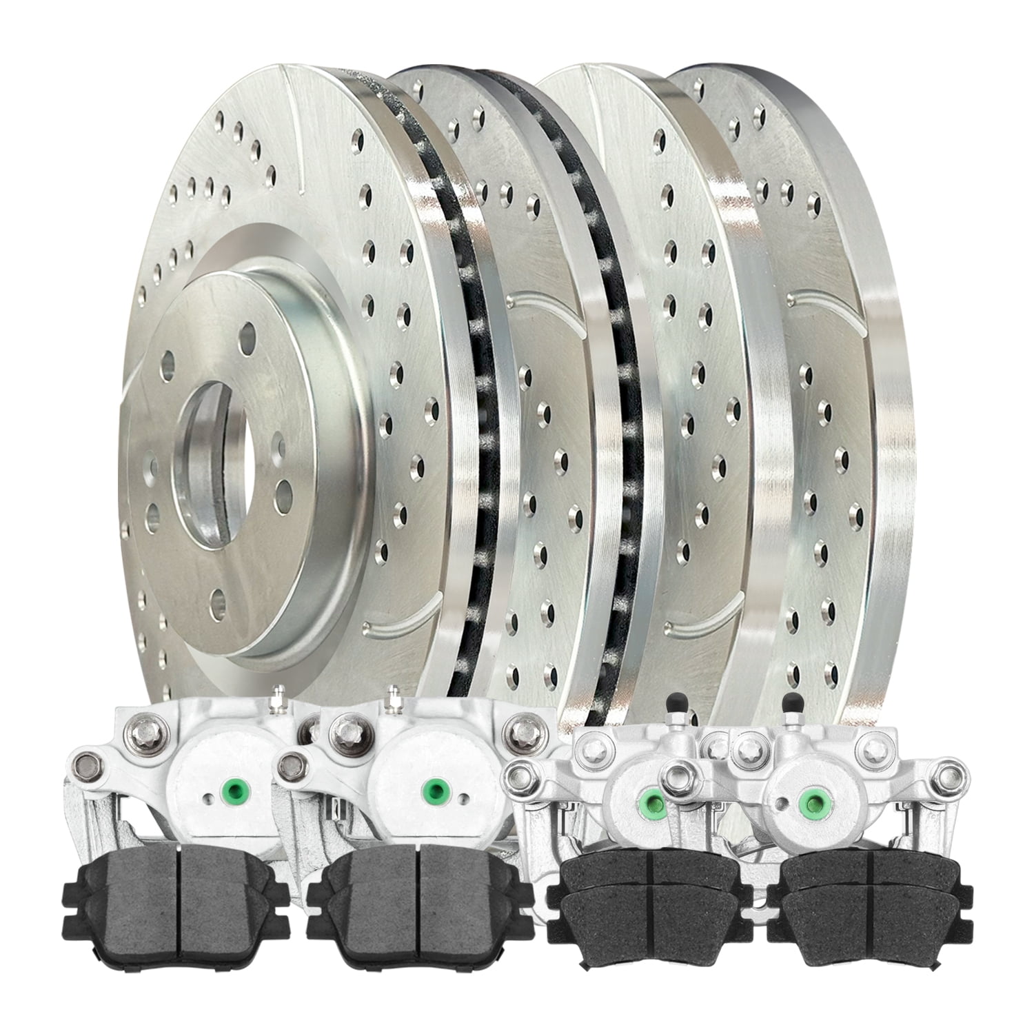 AutoShack Front & Rear Drilled & Slotted Brake Rotors Premium Ceramic Brake Pads Calipers ...