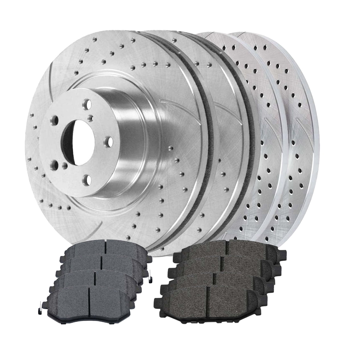 AutoShack Front and Rear Drilled Slotted Brake Kit Rotors Silver and ...