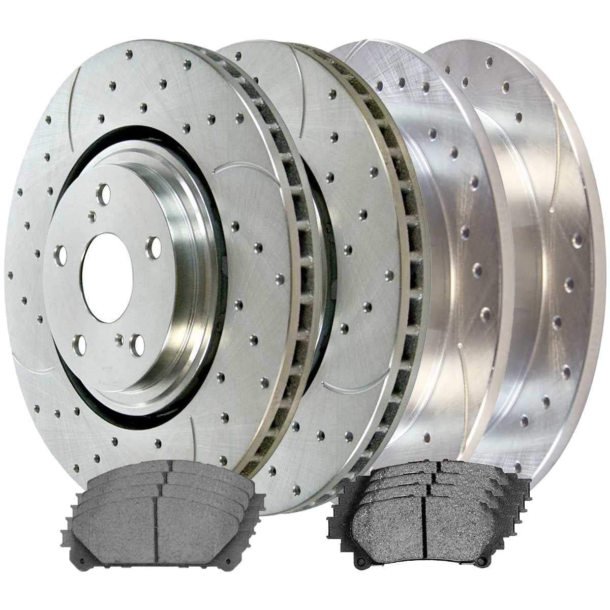 AutoShack Front and Rear Drilled Slotted Brake Kit Rotors Silver and Ceramic Pads Set of 4 ...