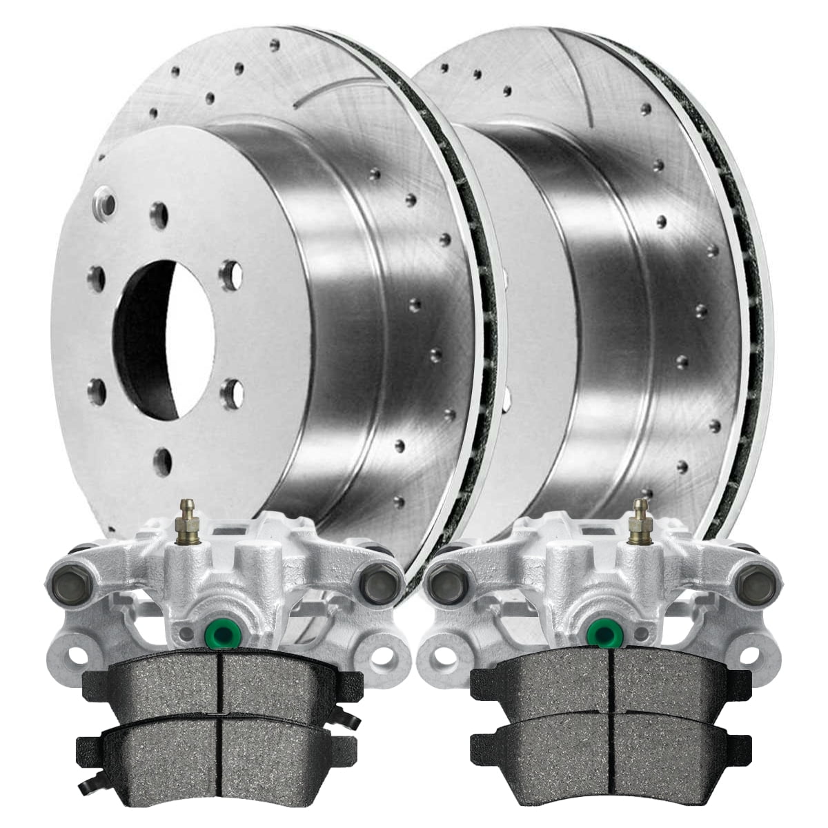 AutoShack Rear Drilled and Slotted Brake Rotors Silver Calipers and Ceramic Pads Kit Set Driver ...