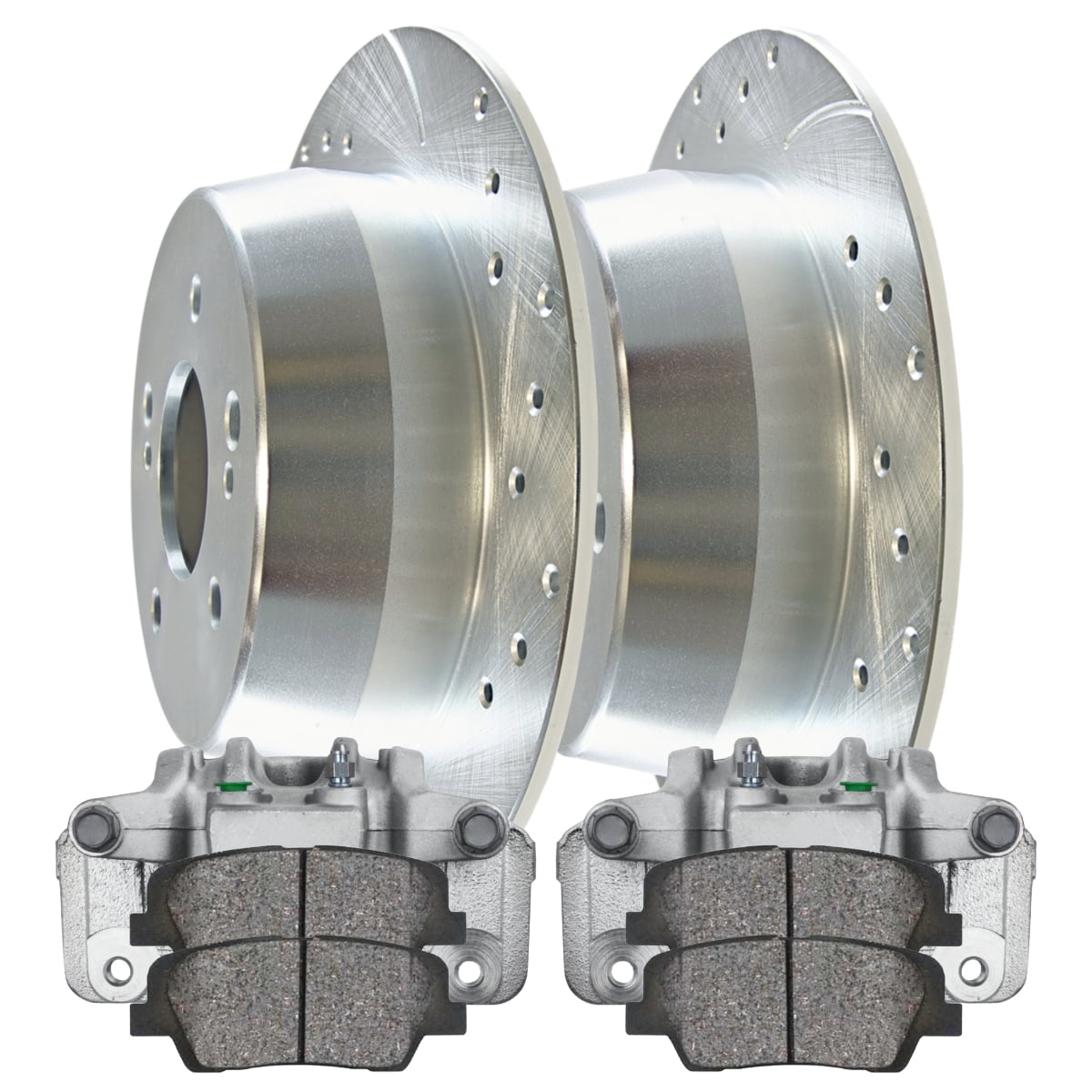 AutoShack Rear Drilled and Slotted Brake Rotors Silver Caliper and Ceramic Pads Kit Set Driver ...