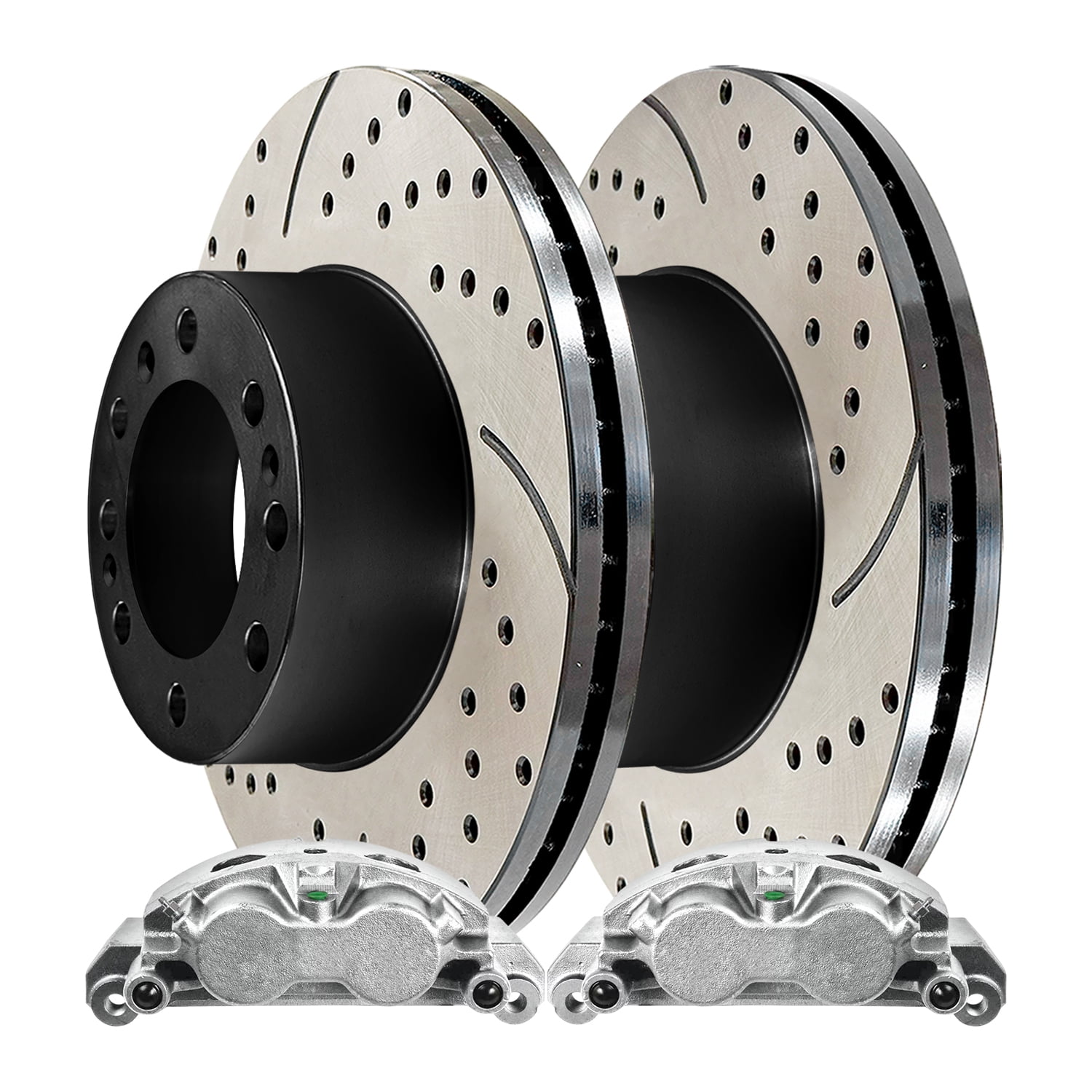 AutoShack Set of 4 Front Brake Calipers and Drilled and Slotted Brake ...