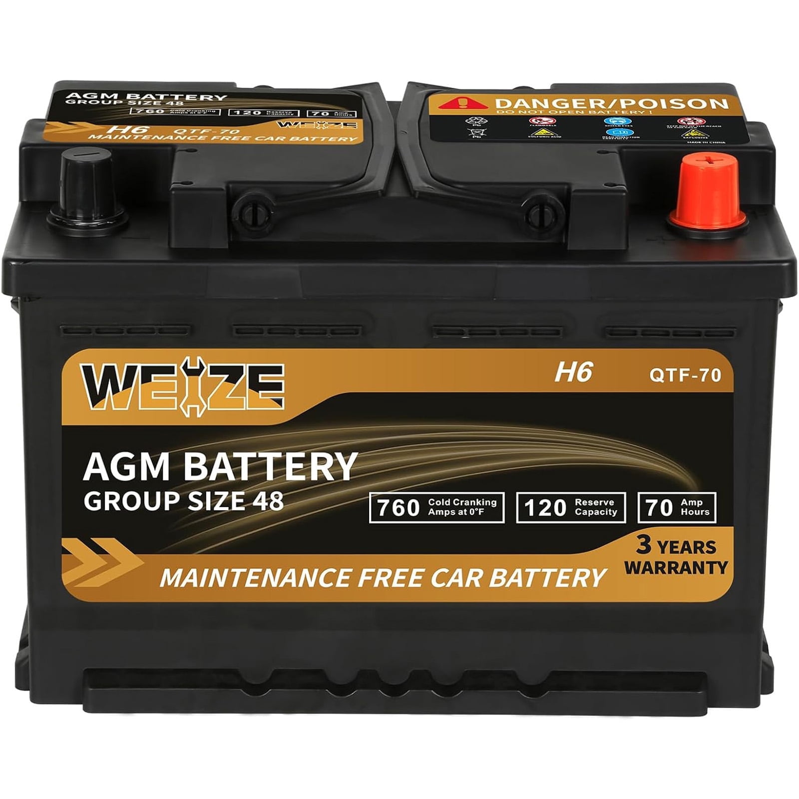 Weize Platinum AGM Battery, BCI Group 48 H6 Automotive Battery, 12 ...