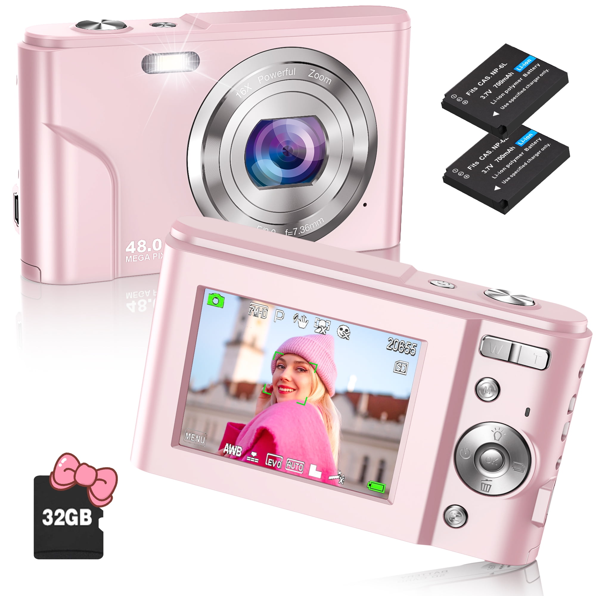 Autofocus Digital Camera w/ 32GB TF Card 2 Batteries, 48MP 1080P Video ...