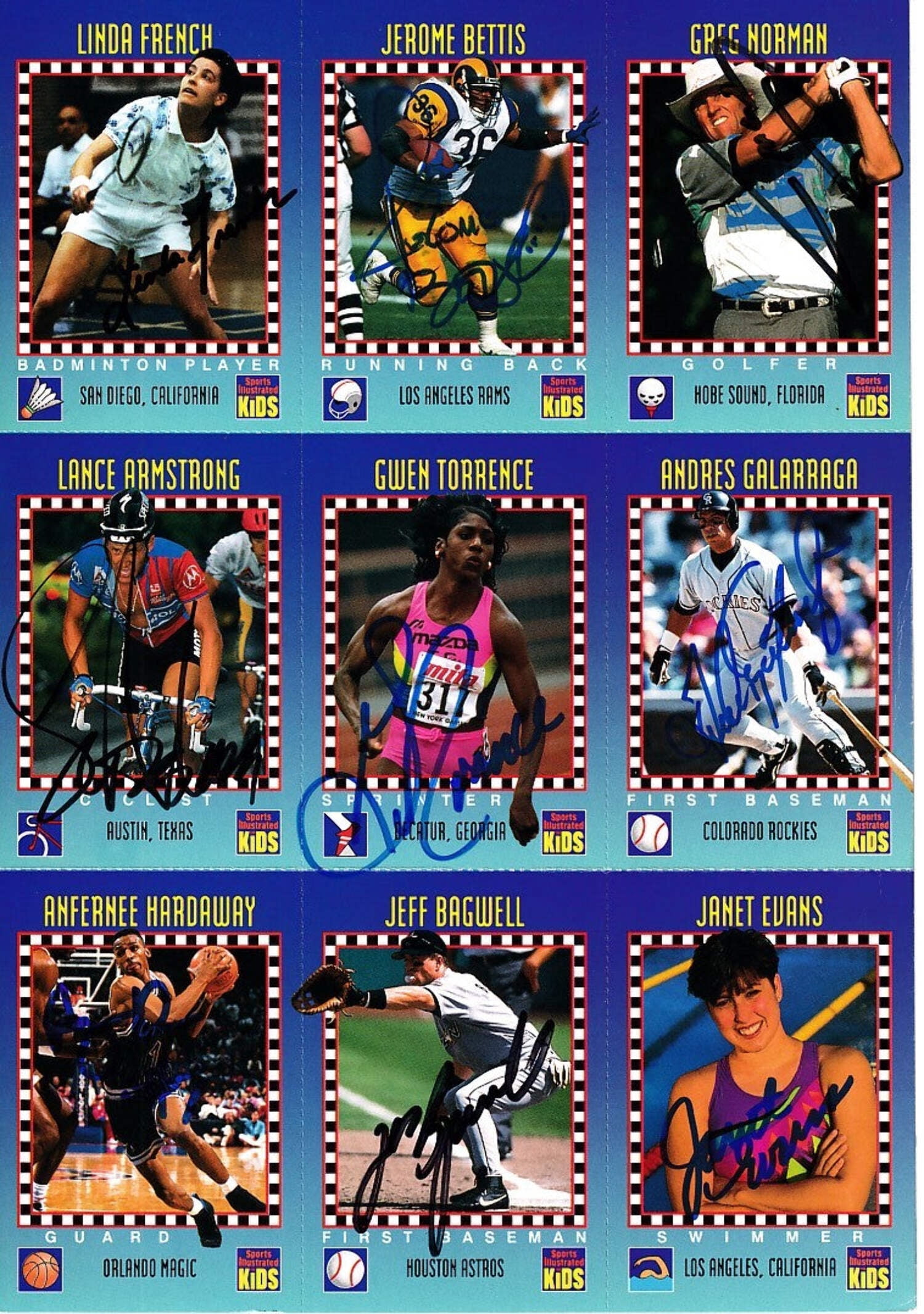 Autographed 1994 SI for Kids card sheet Lance Armstrong Jeff Bagwell ...