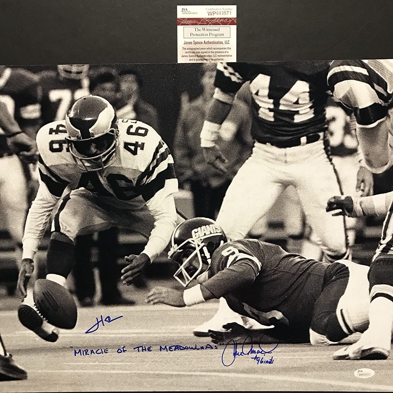 Autographed/Signed Herm Edwards & Joe Pisarcik Inscribed Miracle at the ...