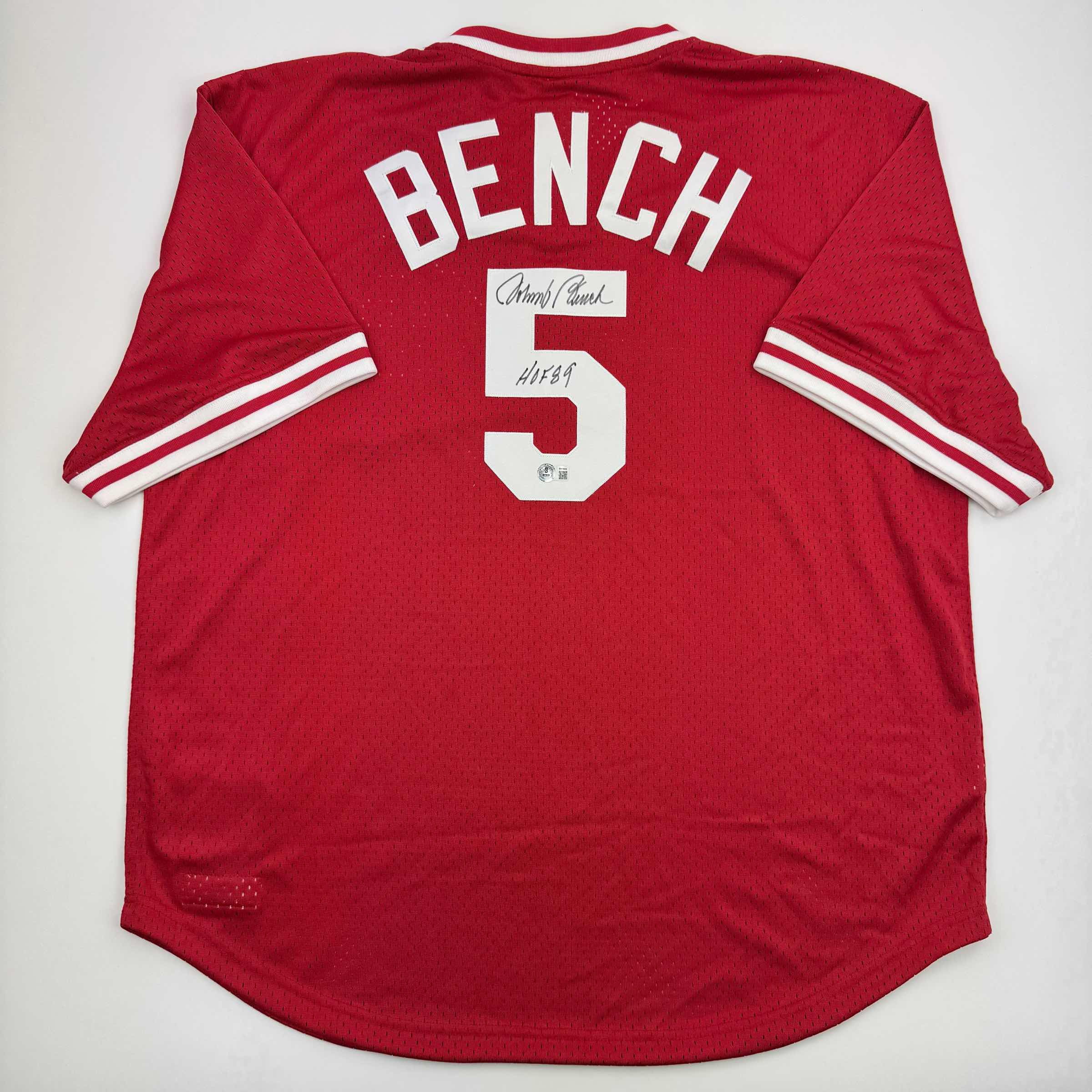 Autographed/Signed Johnny Bench HOF 89 Cincinnati Red Baseball Jersey ...