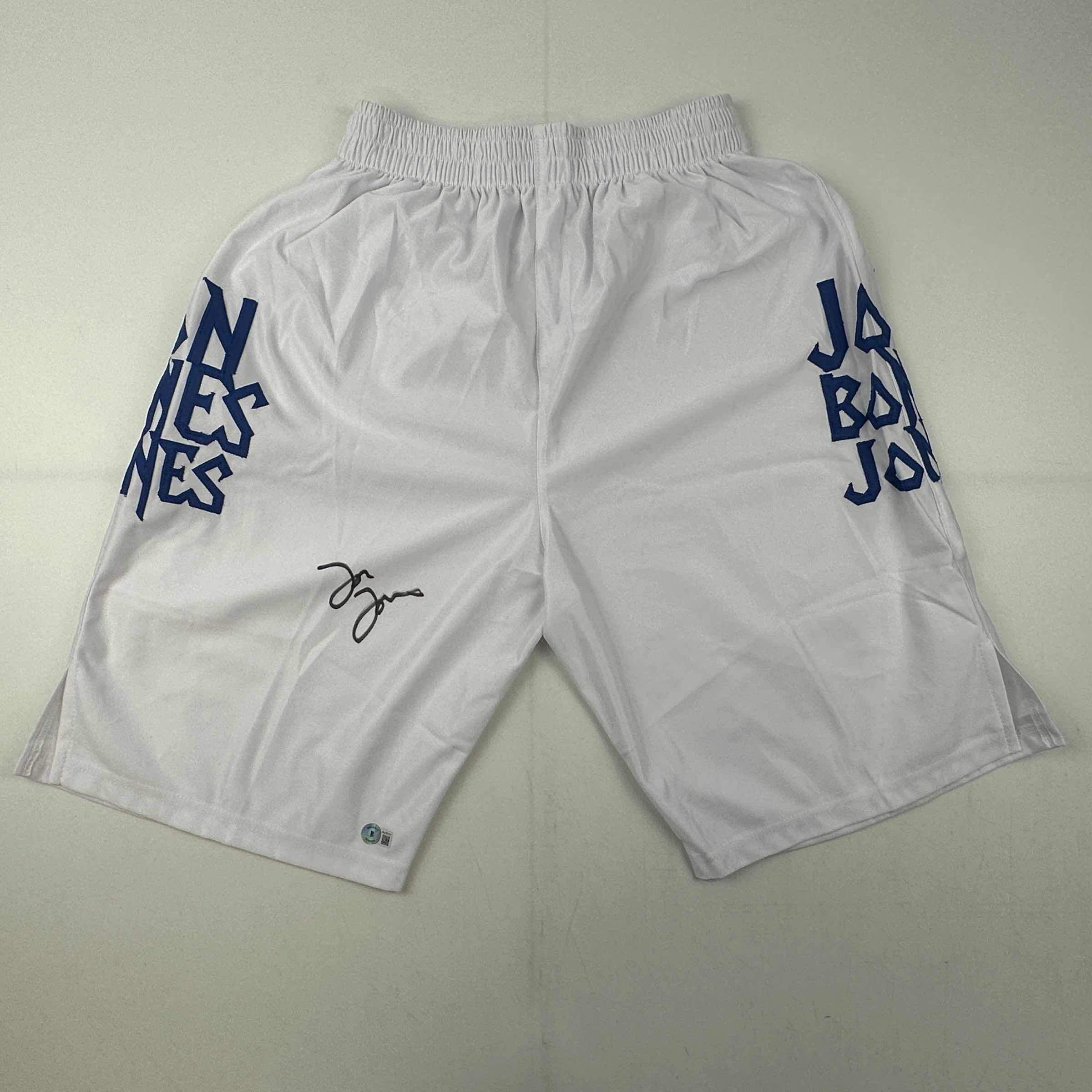 Autographed/Signed Jon Bones Jones Black UFC MMA White Trunks Ultimate ...