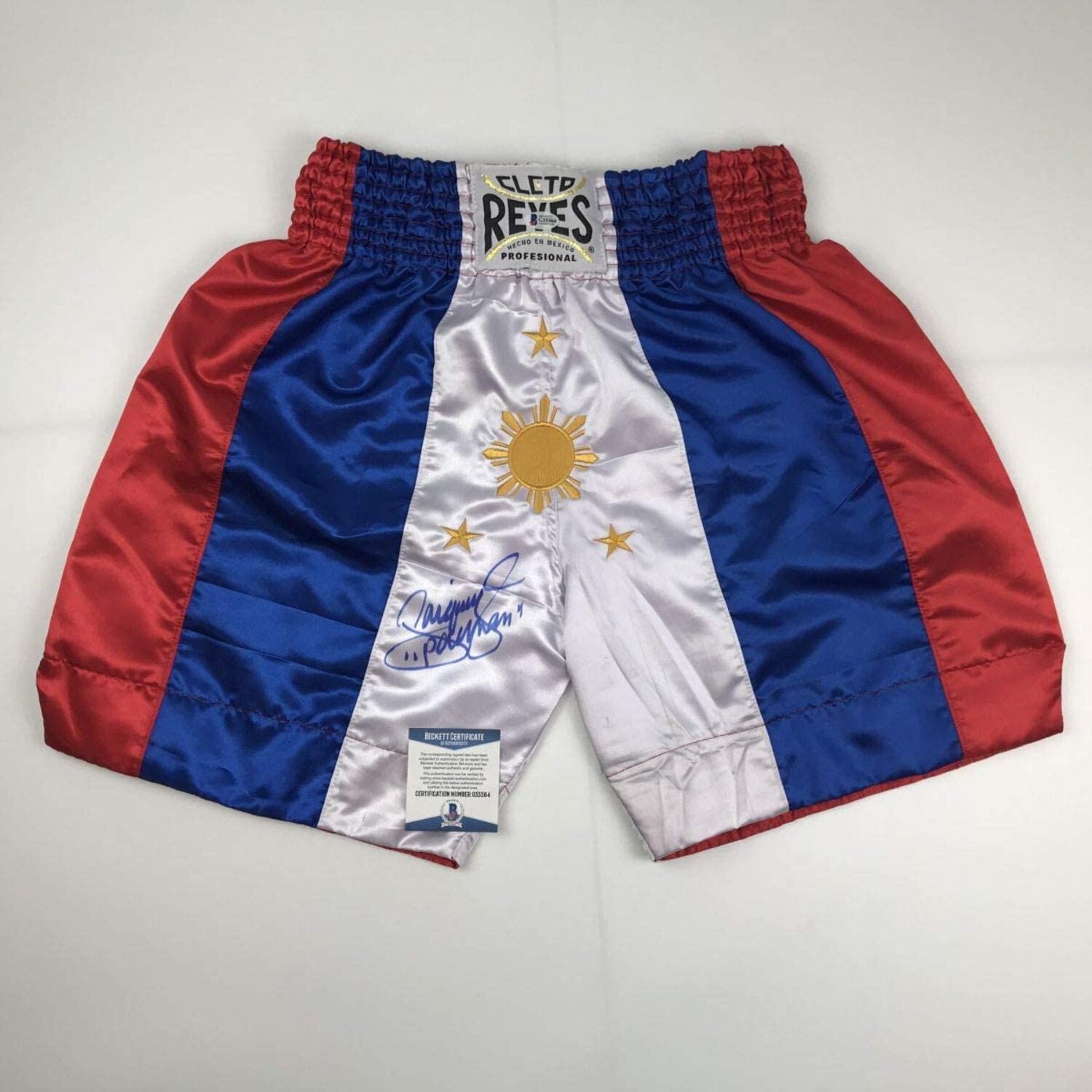 Autographed/Signed Manny Pacquiao Red/White/Blue Boxing Trunks/Shorts ...