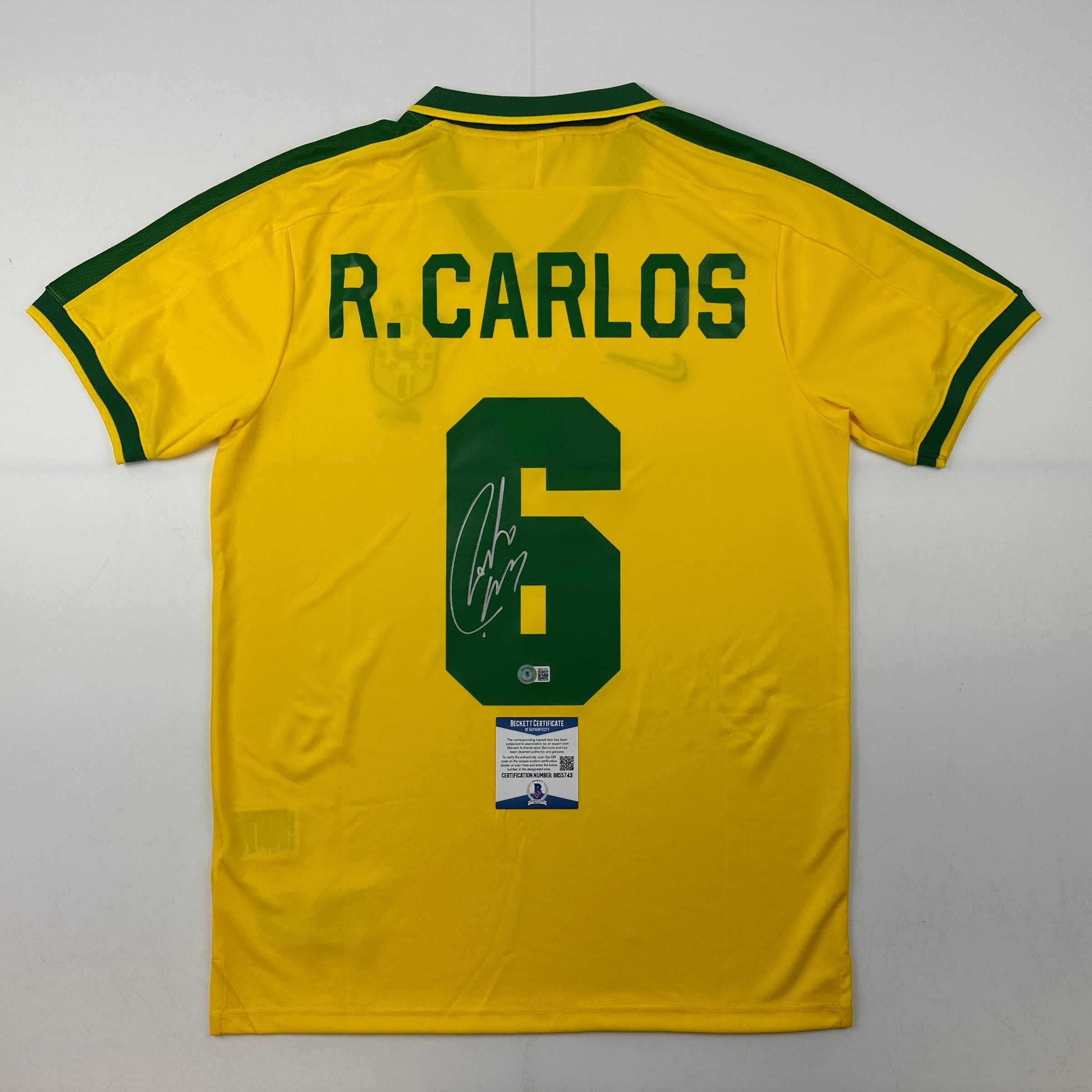 Autographed/Signed Roberto Carlos Brazil Yellow Retro Soccer Jersey ...