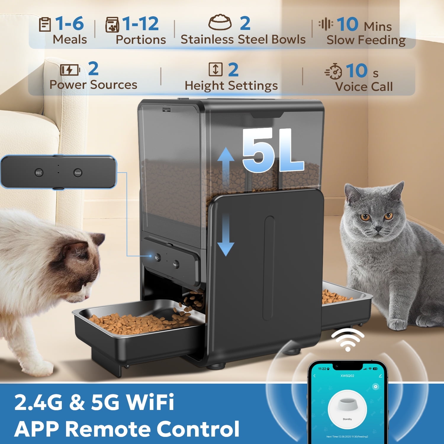 Automatic Cat Feeder with 5G Wi-Fi APP Control, 5L/20 Cup Timed Food ...