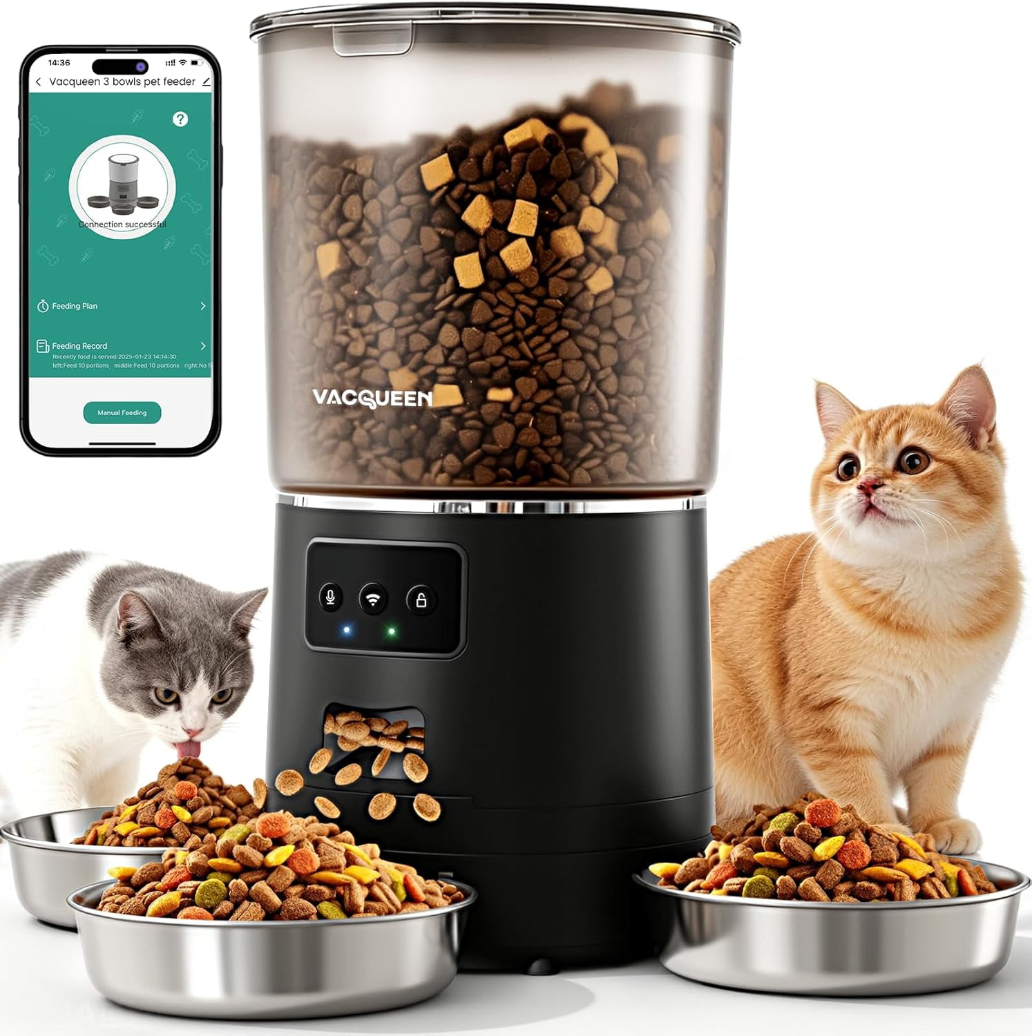 Automatic Cat Feeder for 3 Cats, 6L/25 Cup Food Dispenser with Strong ...