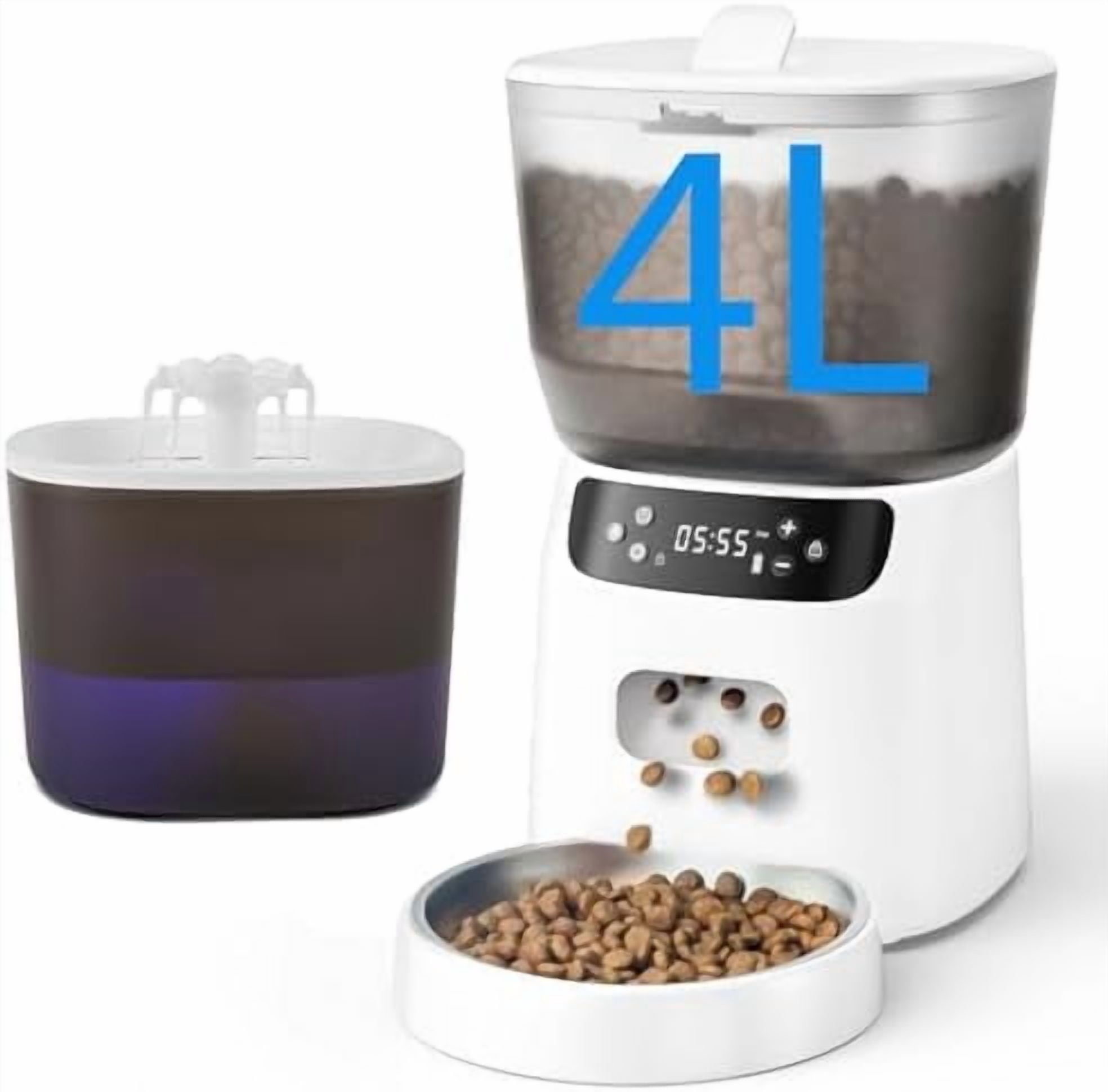 Automatic Cat Feeder and Water Fountain, 4L/16 Cups Timed Cat Dry Food ...