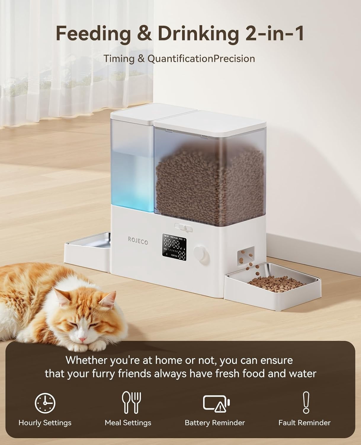 Automatic Cat Feeder and Water Dispenser, 36 Cups/8.5L 2-in-1 Stainless ...