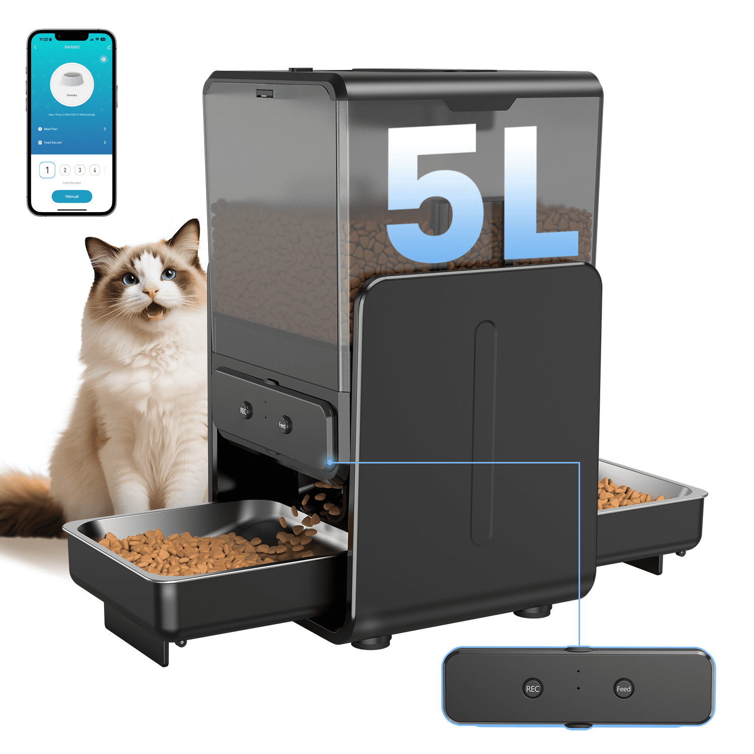Automatic Cat Feeder, 5L/20 Cup Timed Food Dispenser, Adjustable Height ...