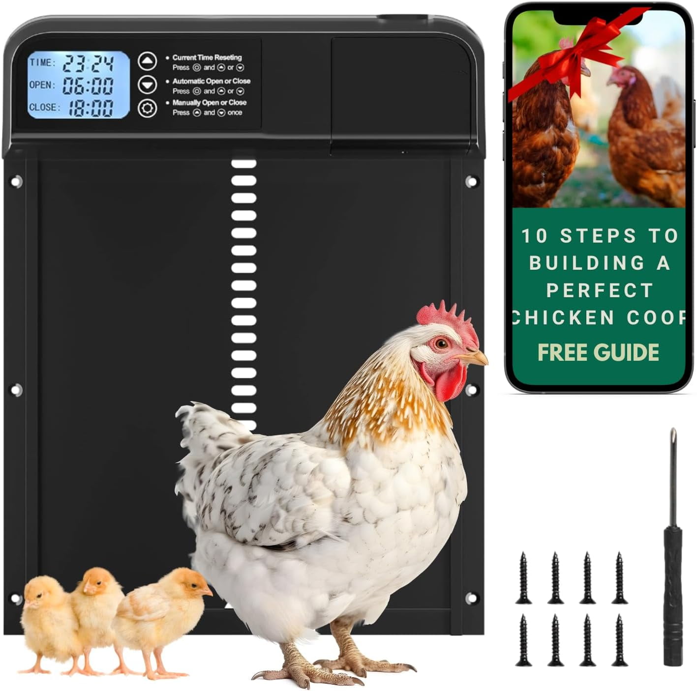 Automatic Chicken Coop Door, Battery Powered Chicken Door with Timer ...