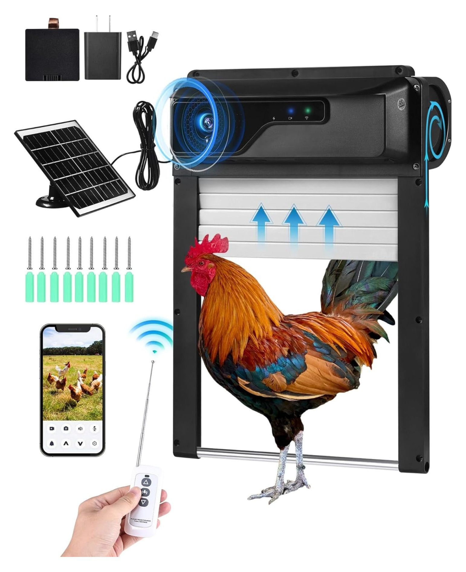 Automatic Chicken Coop Door with Camera, Solar Powered, 5000mAh Battery ...