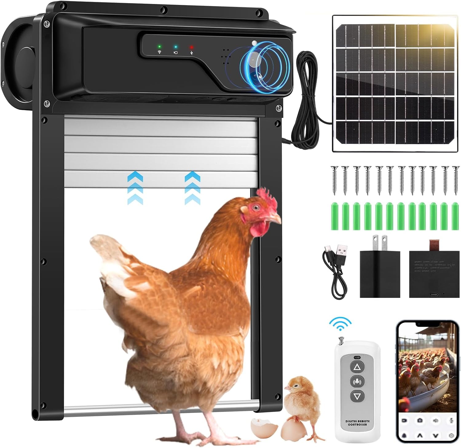 Automatic Chicken Coop Door Solar Powered and 5000mAh Battery, LCD ...