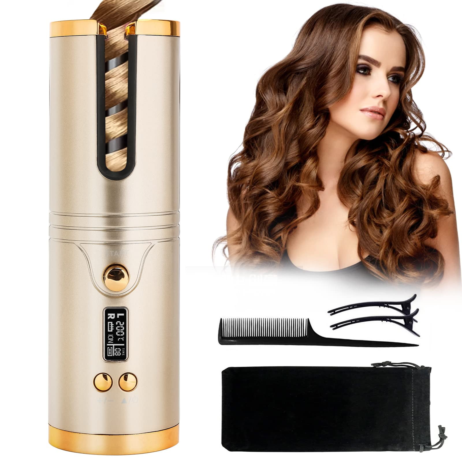 Automatic Curling Iron, Cordless Hair Curler with LCD Display ...