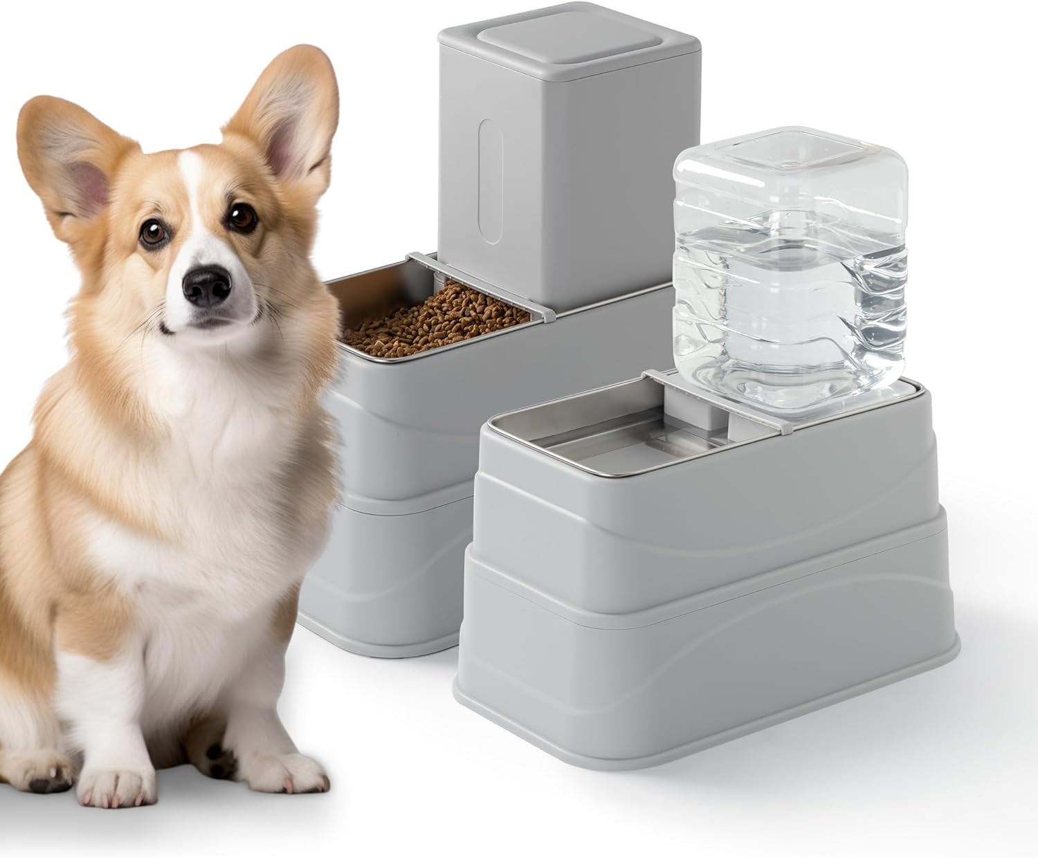 Automatic Dogs Food and Water Dispenser - Stainless Steel Elevated ...