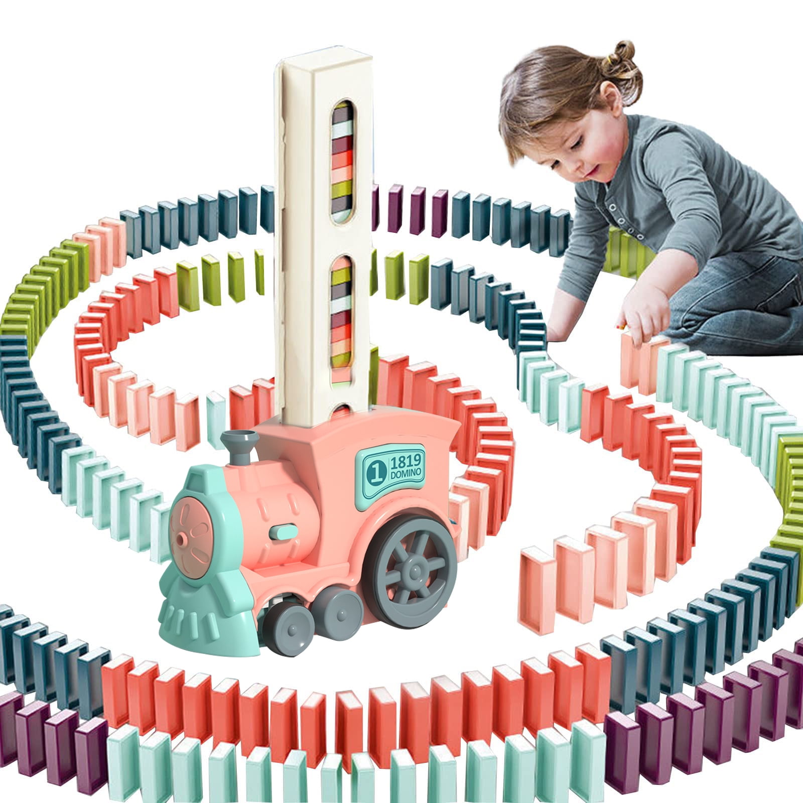 Automatic Domino Train Set for Kids, Creative Game Toy, Pink, 60pcs ...