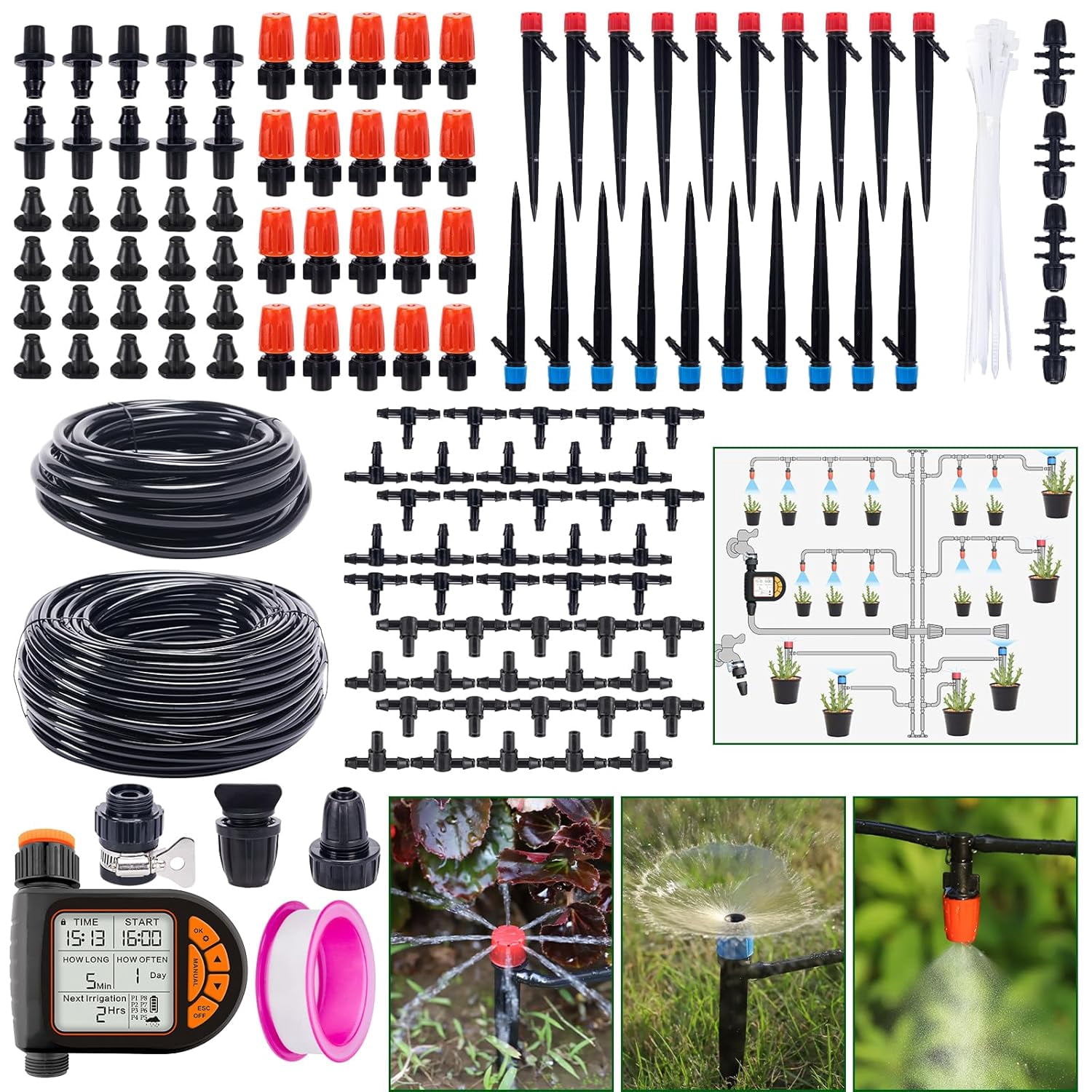 Automatic Drip Irrigation System Kit - 226FT with LCD Timer, 3 Sprayer ...
