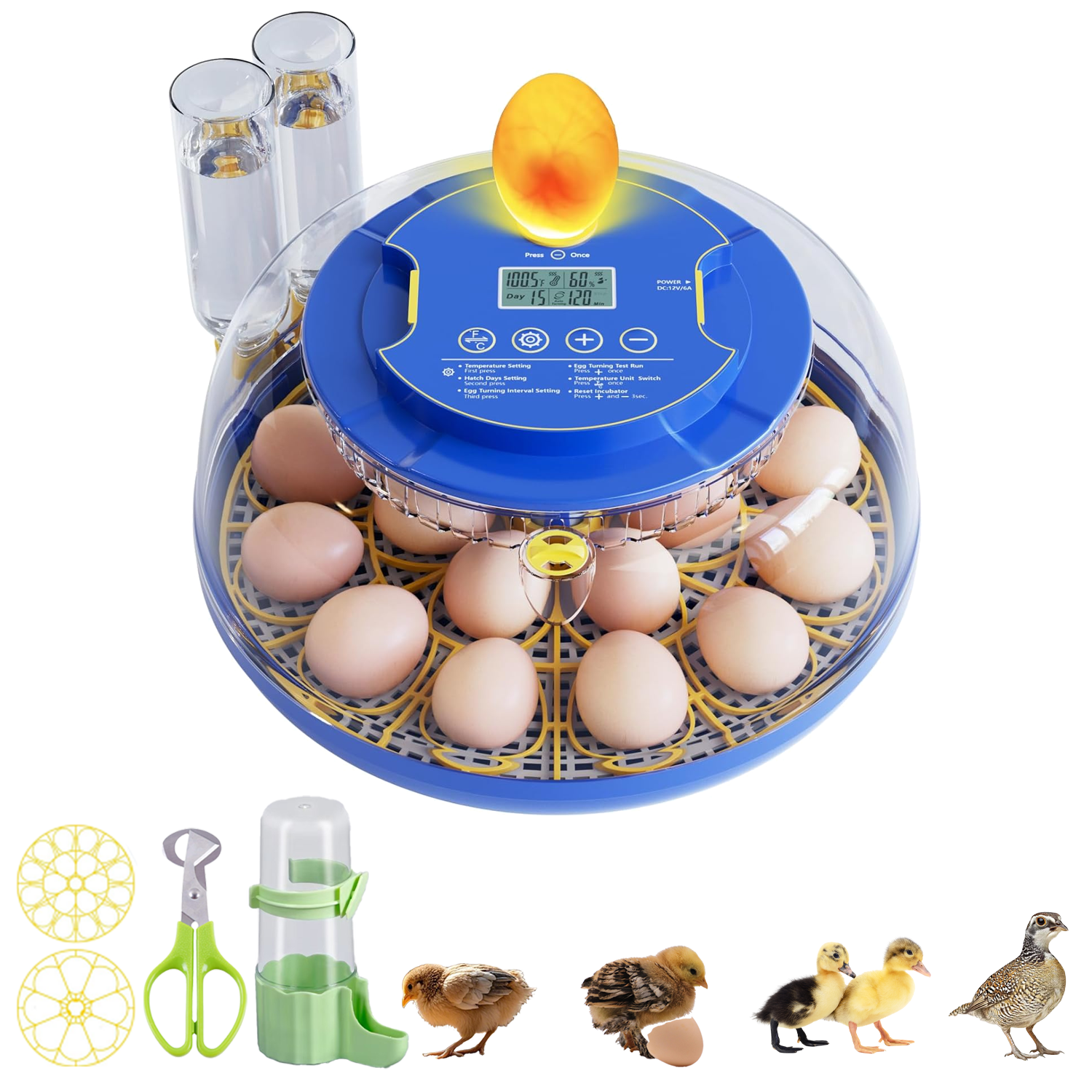 Automatic Egg Incubator 18 Eggs, Digital Chicken Duck Goose Quail Bird Hatcher with Egg Candler ...
