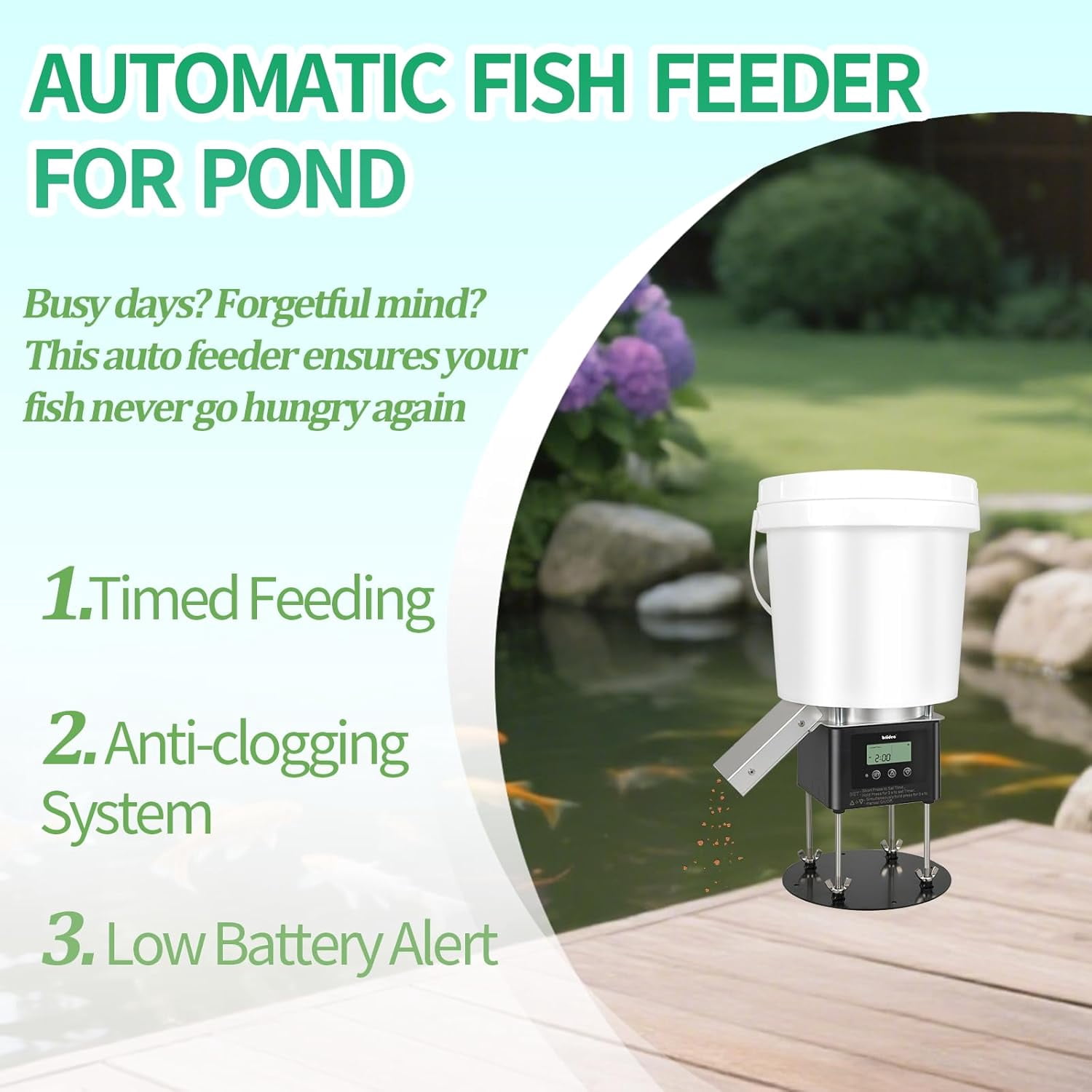 Automatic Fish Feeder for Pond, Briidea Outdoor Pond Feeder with 4L ...