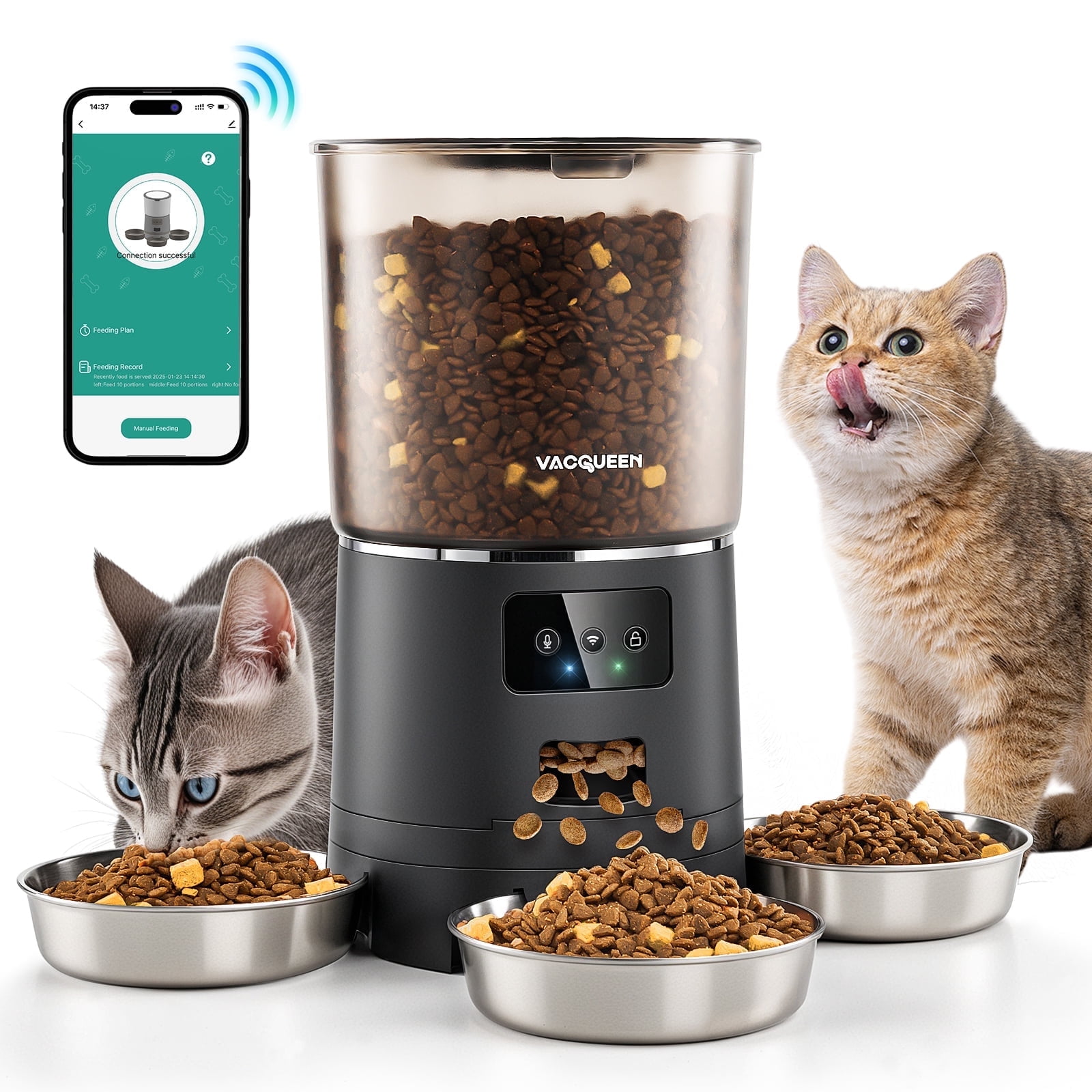 Vacqueen Automatic Pet Feeder with 3 Bowls for 3 Cats, WiFi Remote ...