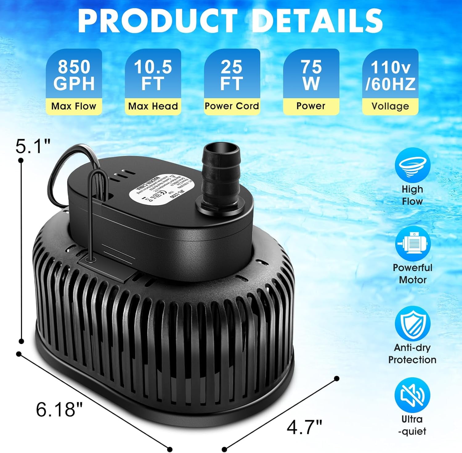 Automatic Pool Cover Drain Pump, 850 GPH Submersible Water Pump for ...