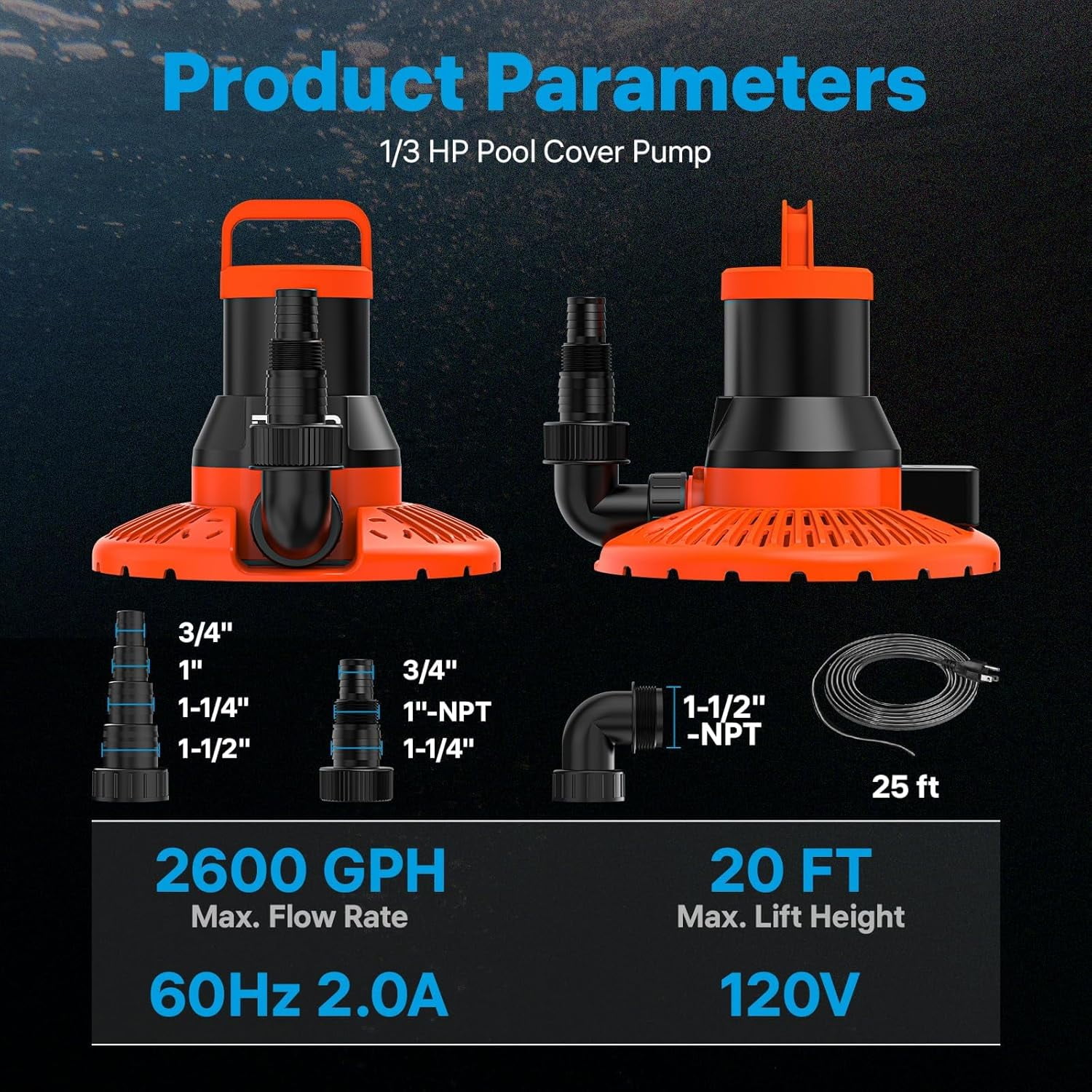 Automatic Pool Cover Pump, 1/3 Submersible Water Pump with 25 FT Power ...