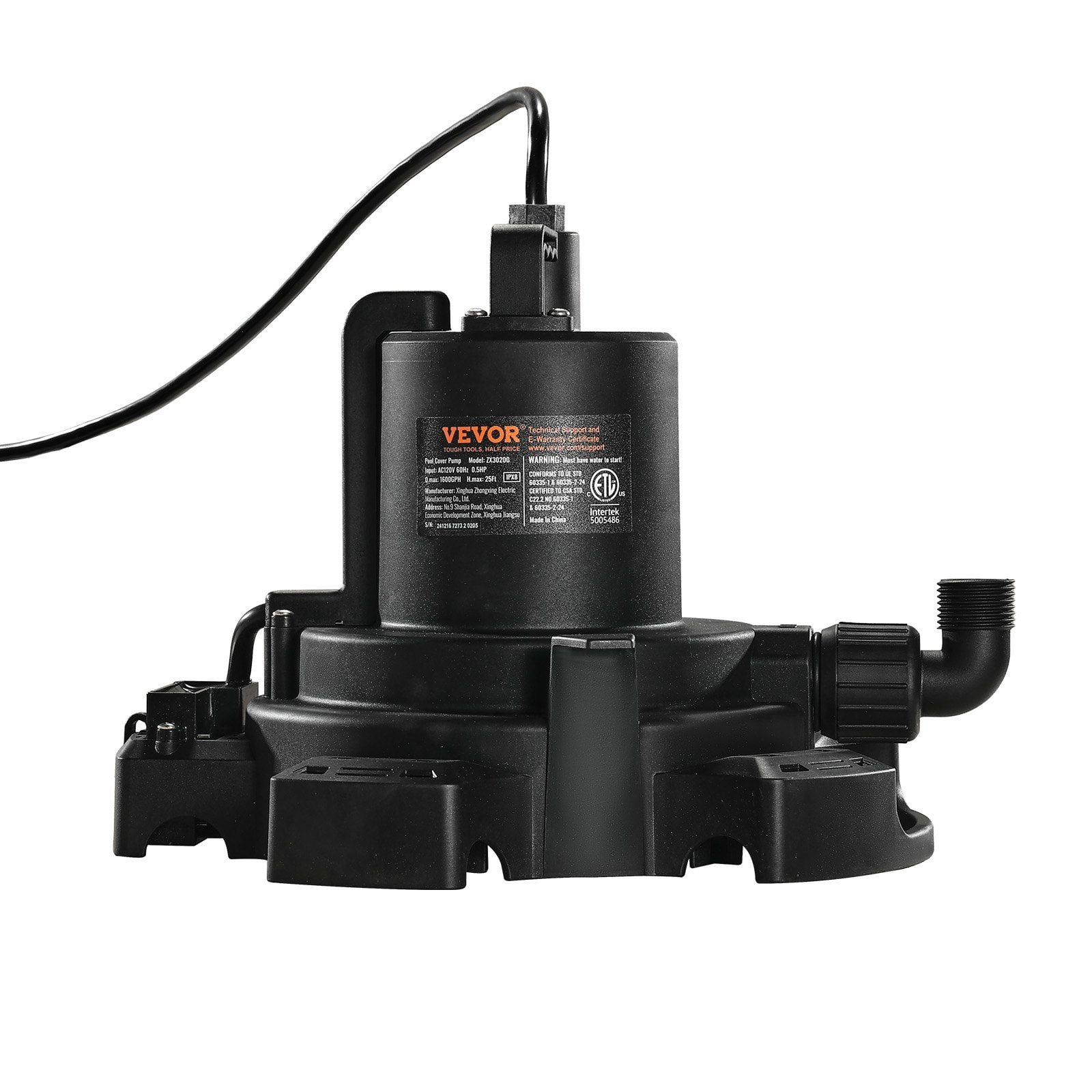 Automatic Pool Cover Pump, Submersible, 1/2 HP, 1600 GPH, 25ft Cord ...