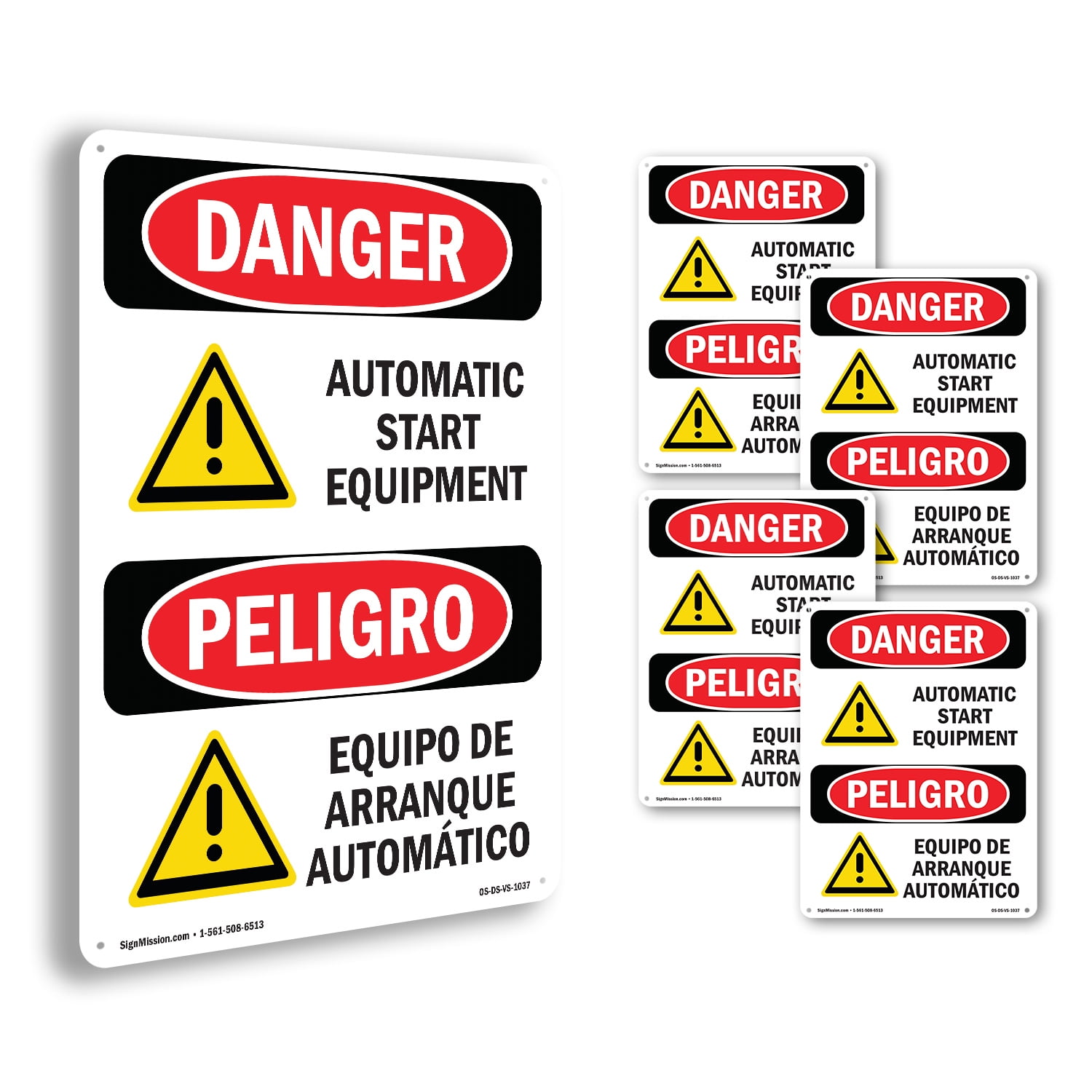 Automatic Start Equipment Bilingual OSHA Danger Rigid Plastic Sign 18 ...