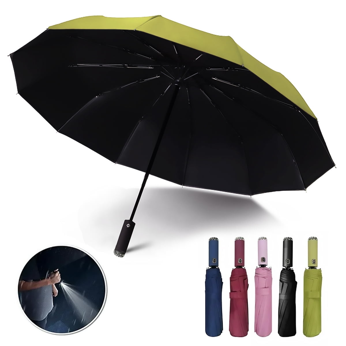 Automatic folding umbrella with LED flashlight handle, lightweight for ...