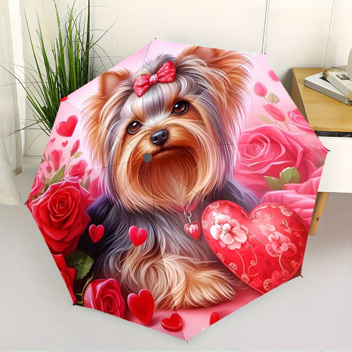 Automatic opening and closing umbrella, Yorkshire Terrier, red rose and ...