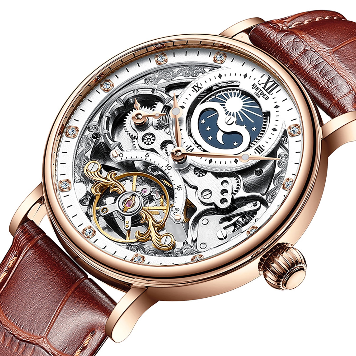 Automatic watch Automatic skeleton watch for men (sun and moon display ...