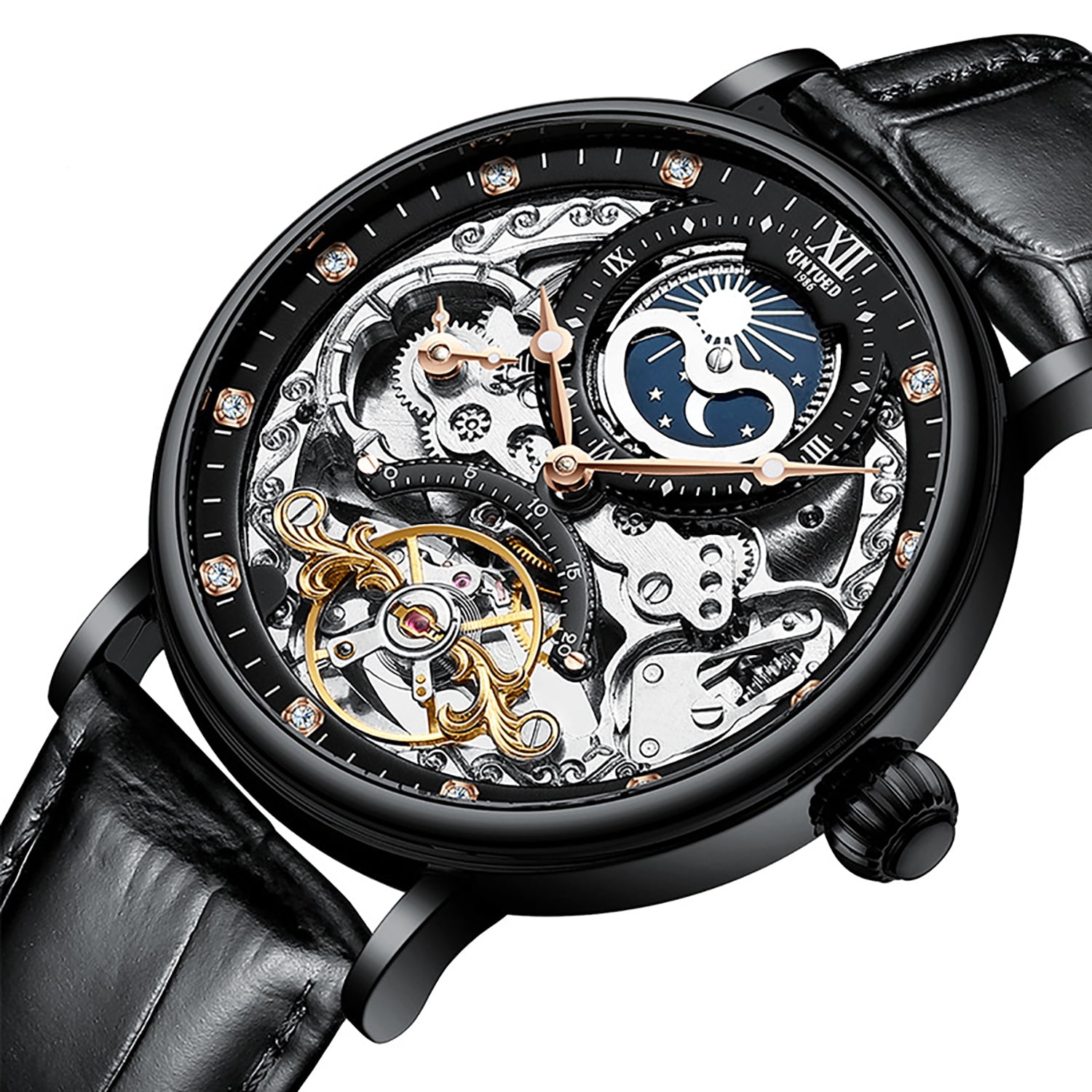 Automatic watch Automatic skeleton watch for men (sun and moon display ...