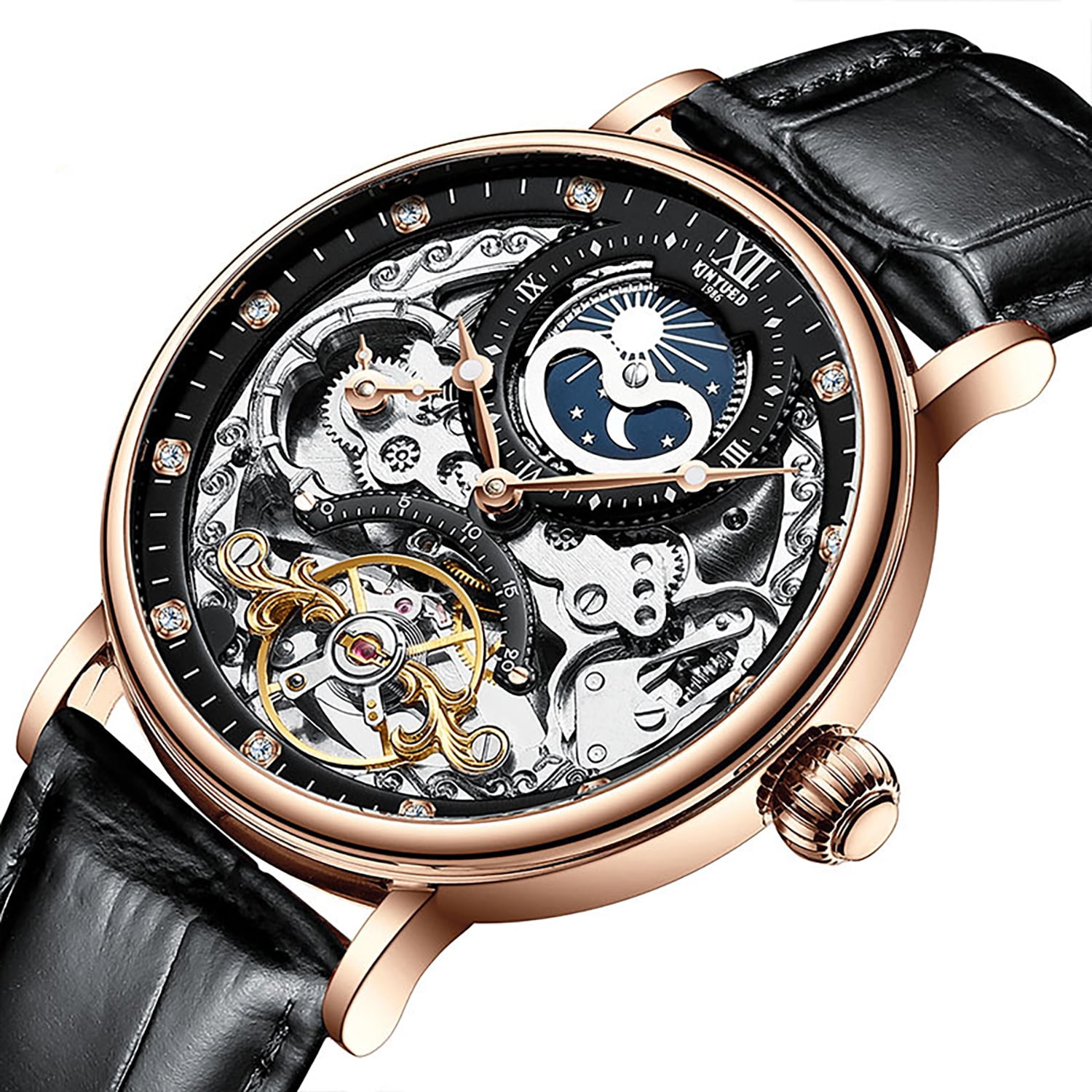 Automatic watch Automatic skeleton watch for men (sun and moon display ...