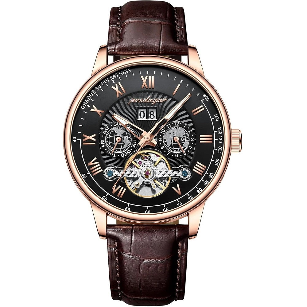 Automatique Mechanical Hollow Watch Luxury Waterproof Date&Week Leather ...