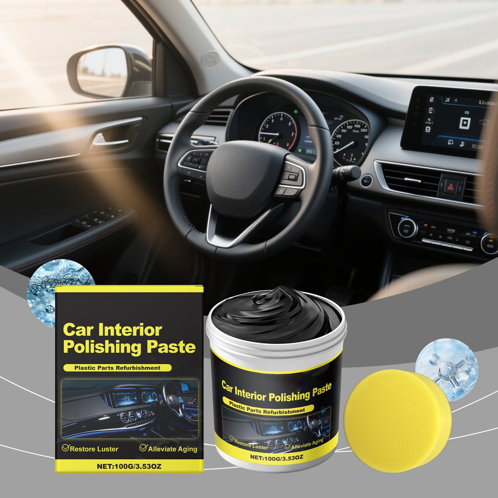 Automobile Interior Polishing Paste, 100g, Multi-Surface Cleaner with Sponge, Enhances Shine ...