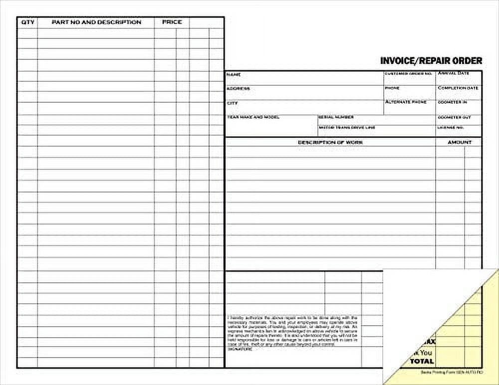 Automotive Repair Order and Invoice Receipt Form - 2 Part Carbonless ...