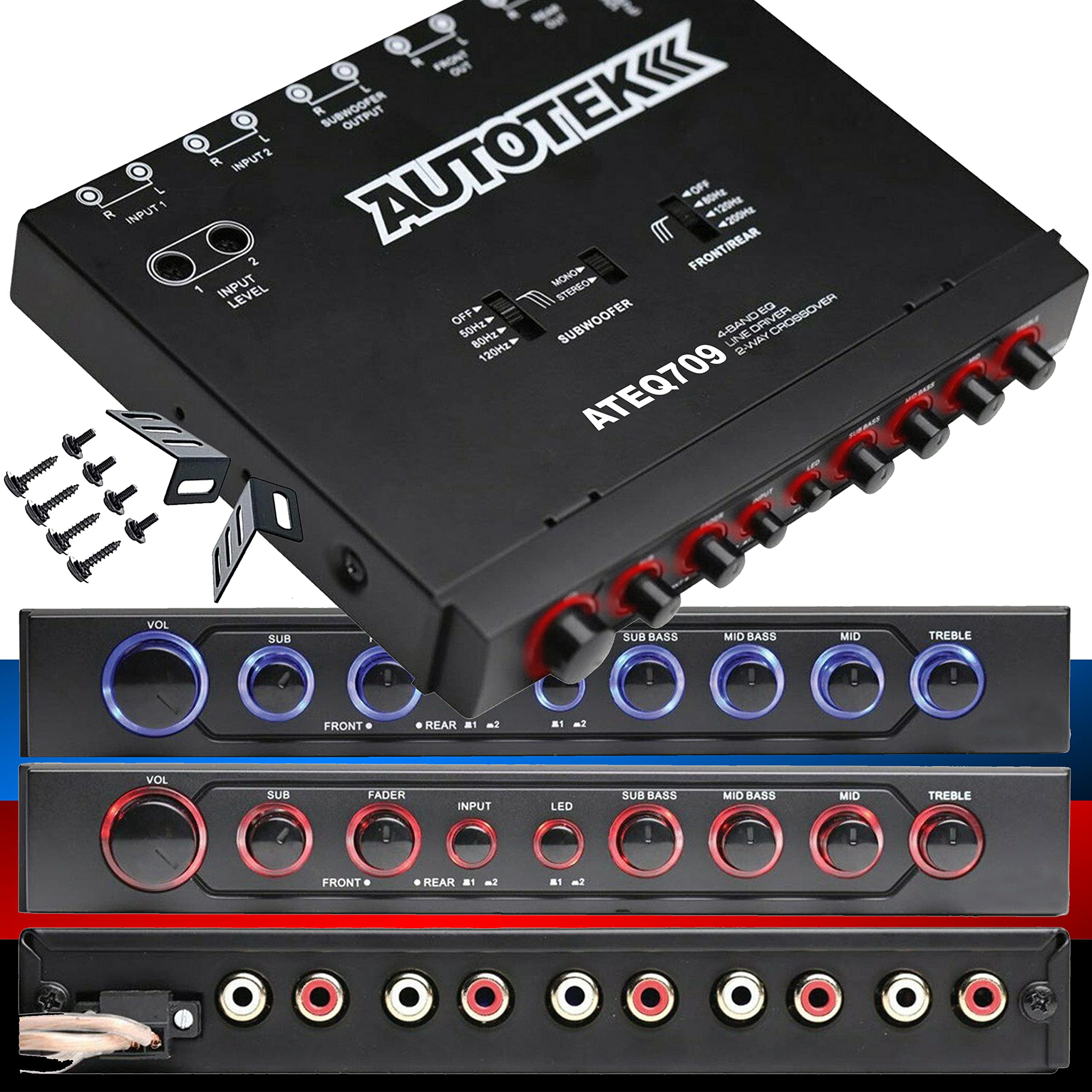 Autotek ATEQ709 4-Band Audio Equalizer with Built-in 2-Way Crossover, 9 ...