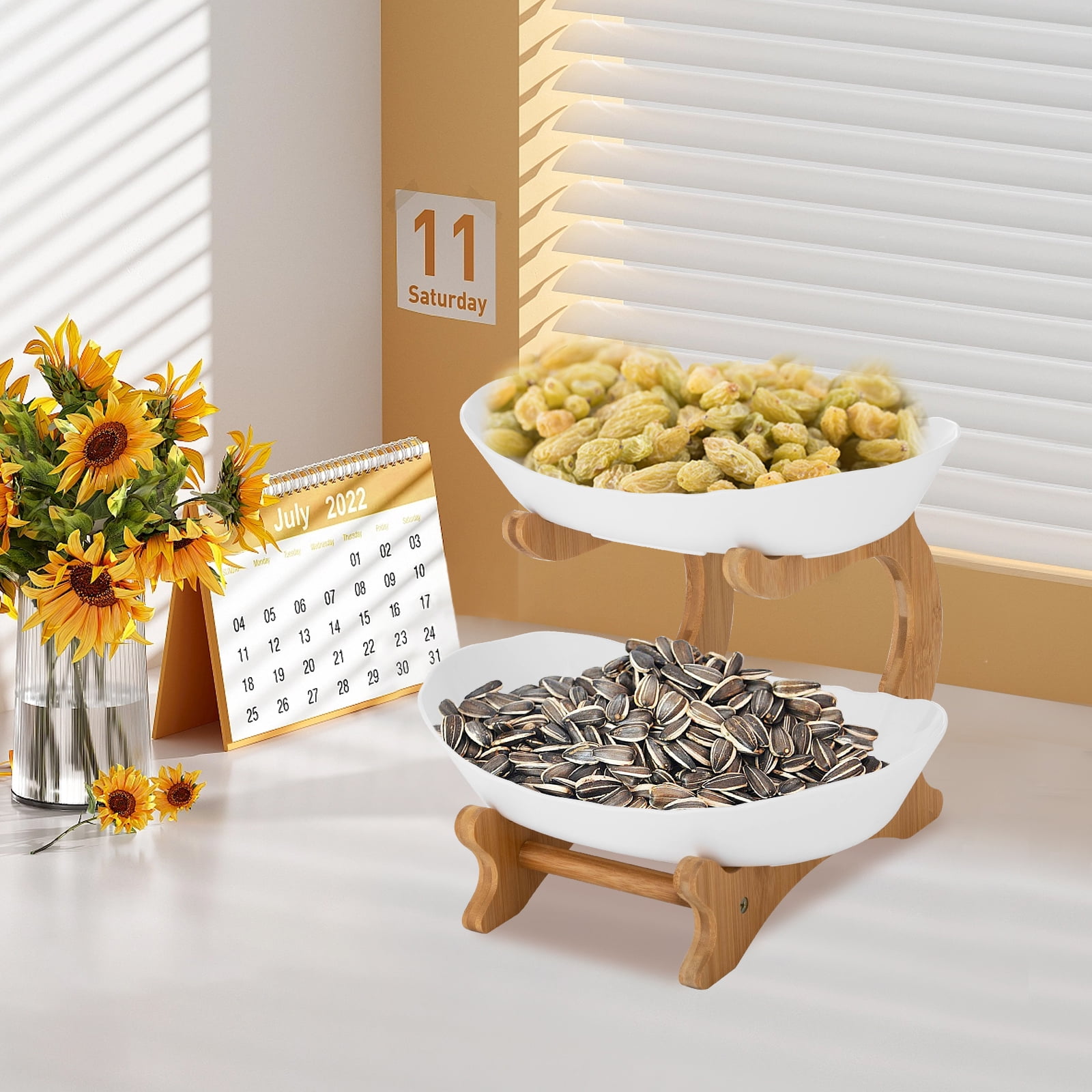 Autrinix Bamboo Two-Tier Fruit Bowl, Modern Wood Frame with Detachable ...