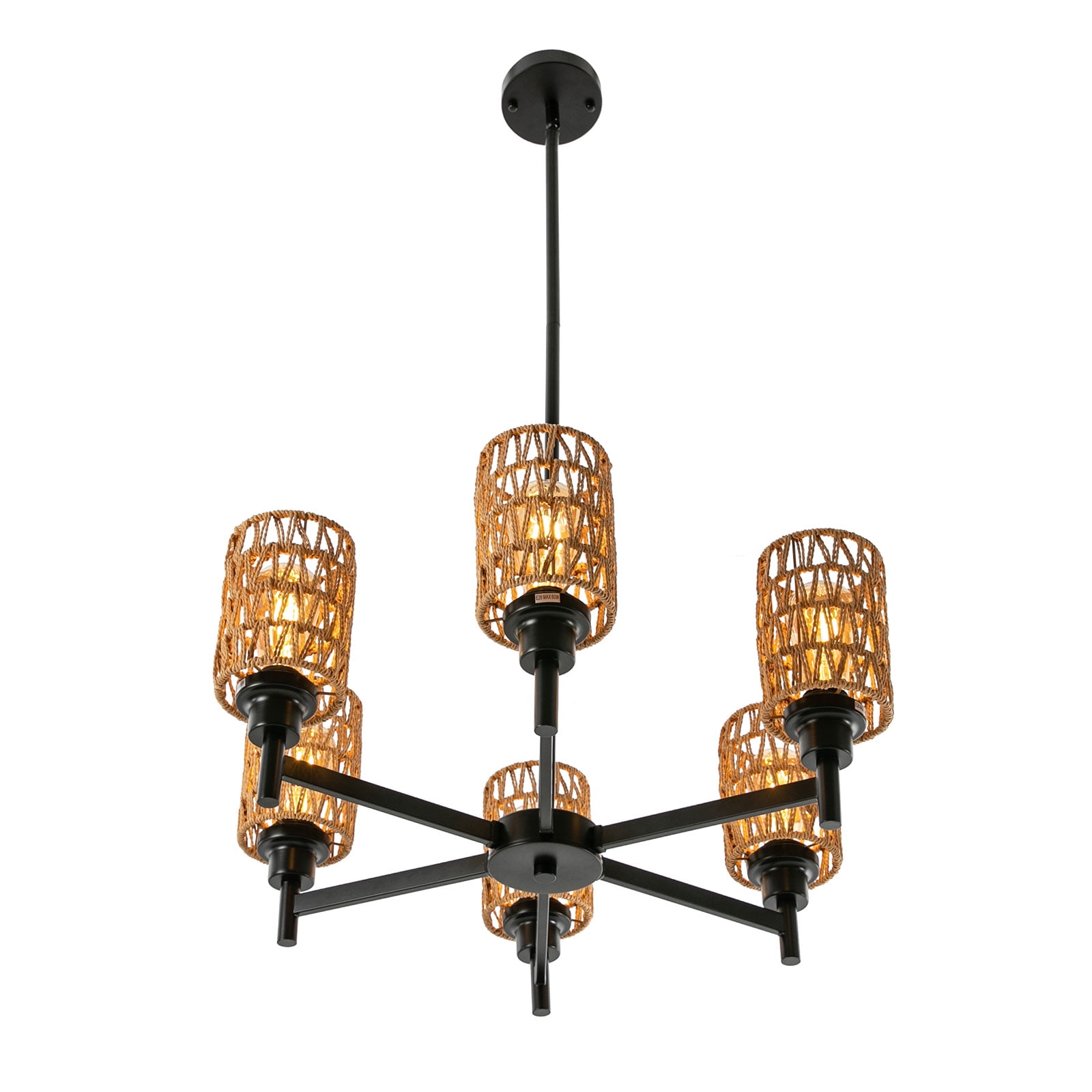 Autrinix Farmhouse Chandelier, Black & Brown Paper Rope Ceiling Light ...