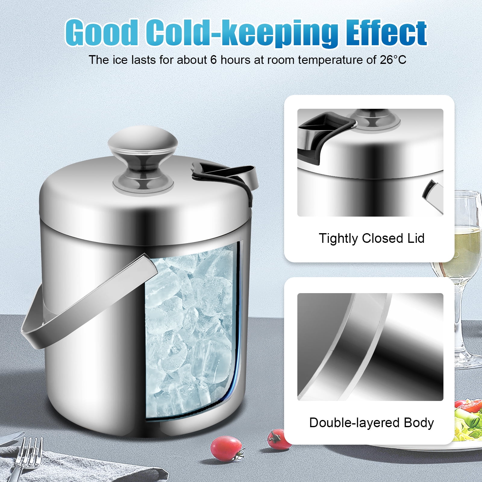 Autrinix Ice Bucket with Tightly Sealed Lid, Double-Wall Design for ...