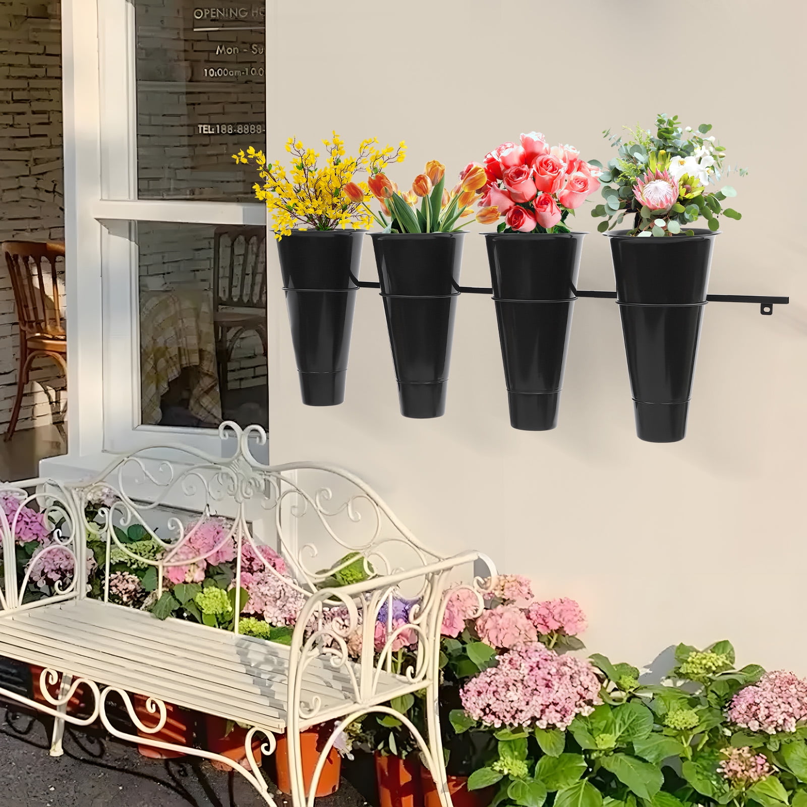 Autrinix Modern Metal Flower Stand with 4 Buckets, Wall-Mounted Design ...