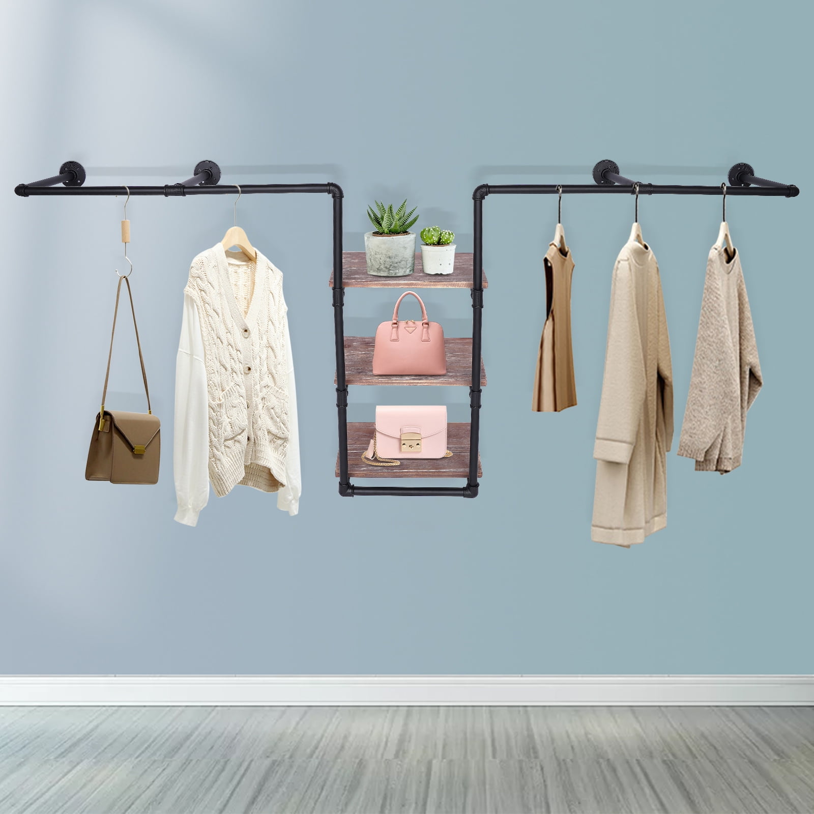 Autrinix Wall-Mounted Industrial Shelf with Galvanized Pipe, 3 Wooden ...