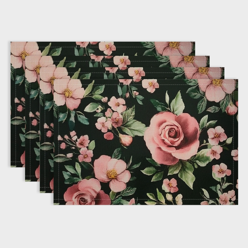 Autua 4Pcs Pink Flowers Green Leaves Rococo Table Mats Linen Decor ...